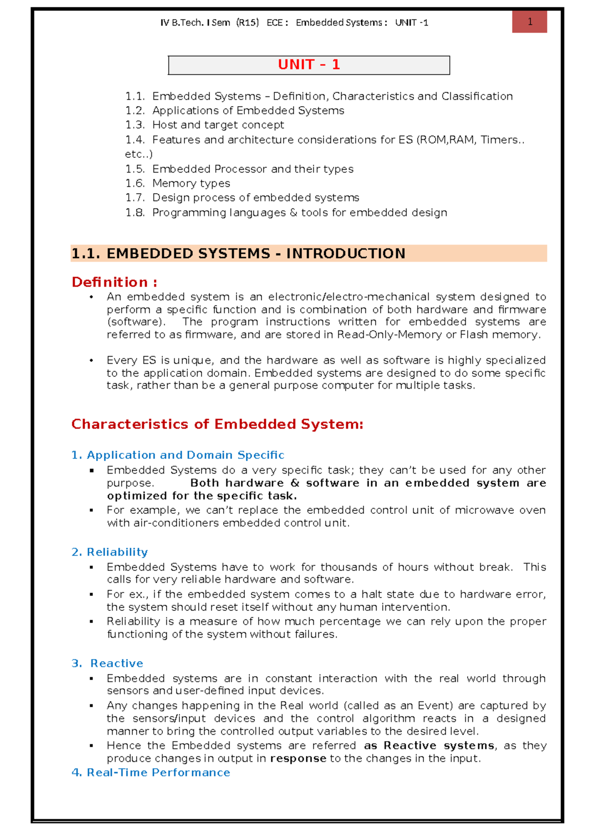 Es notes unit 1 - UNIT – 1 1. Embedded Systems – Definition ...