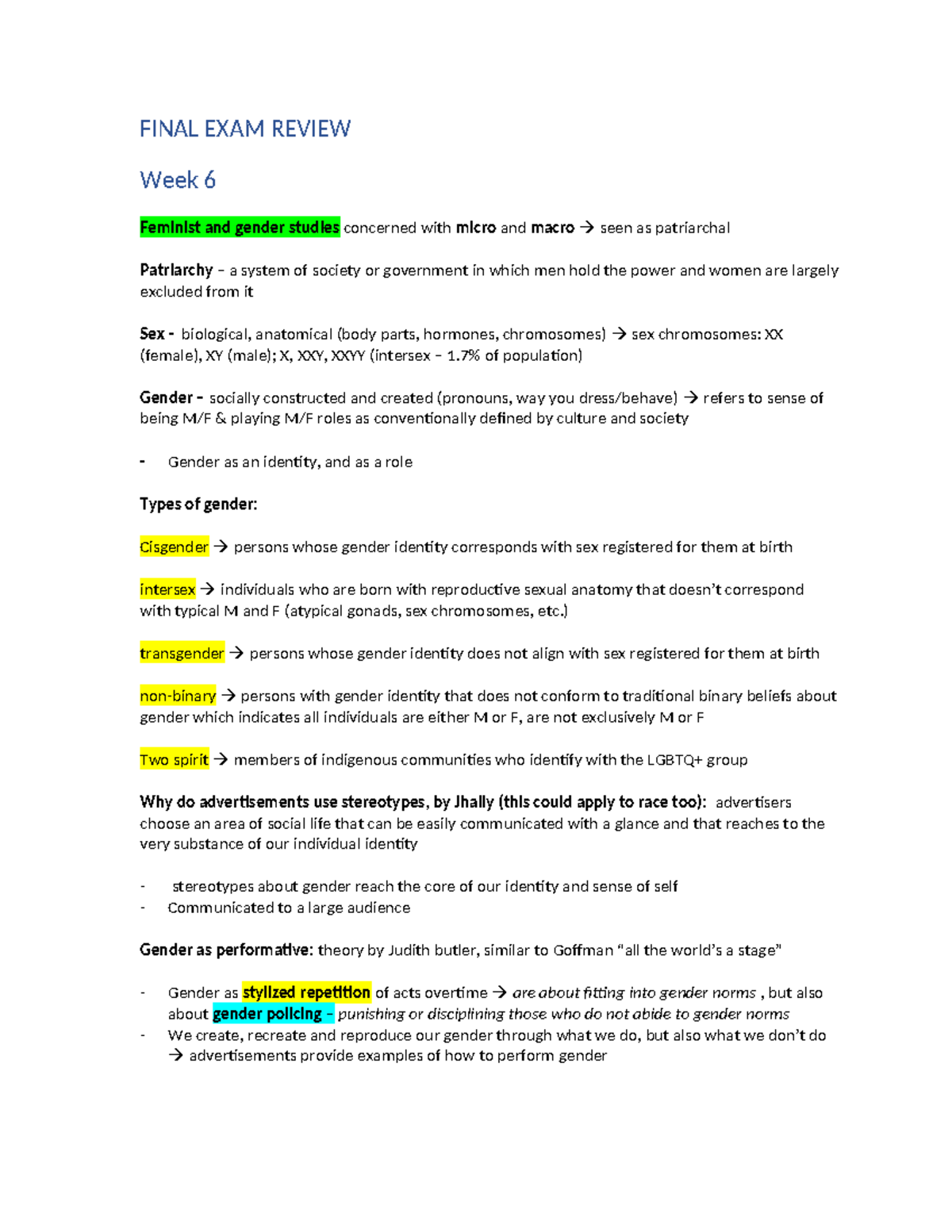Final EXAM Review - notes - FINAL EXAM REVIEW Week 6 Feminist and ...