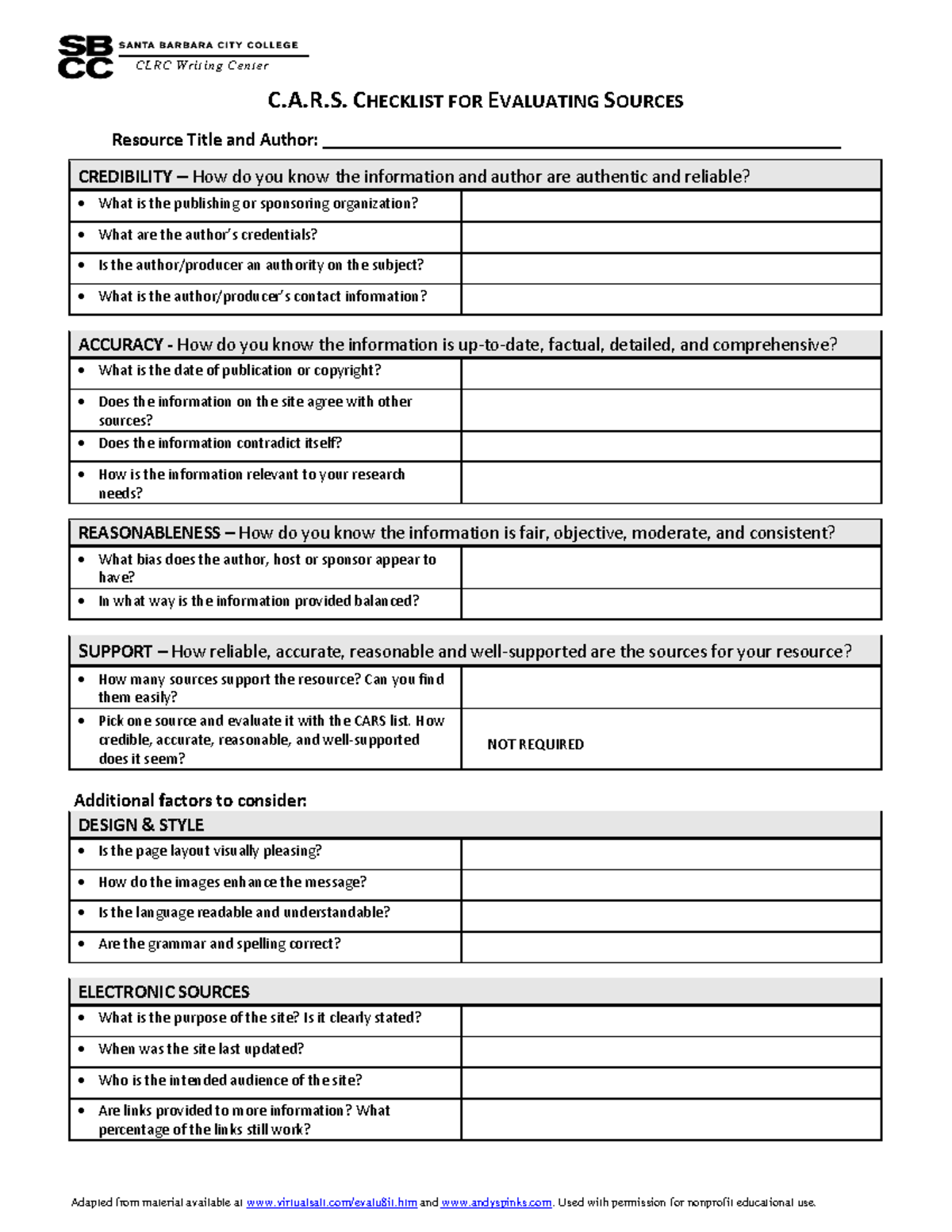 CARS Checklist for Evaluating Sources rev 2 - CLRC Writing Center ...