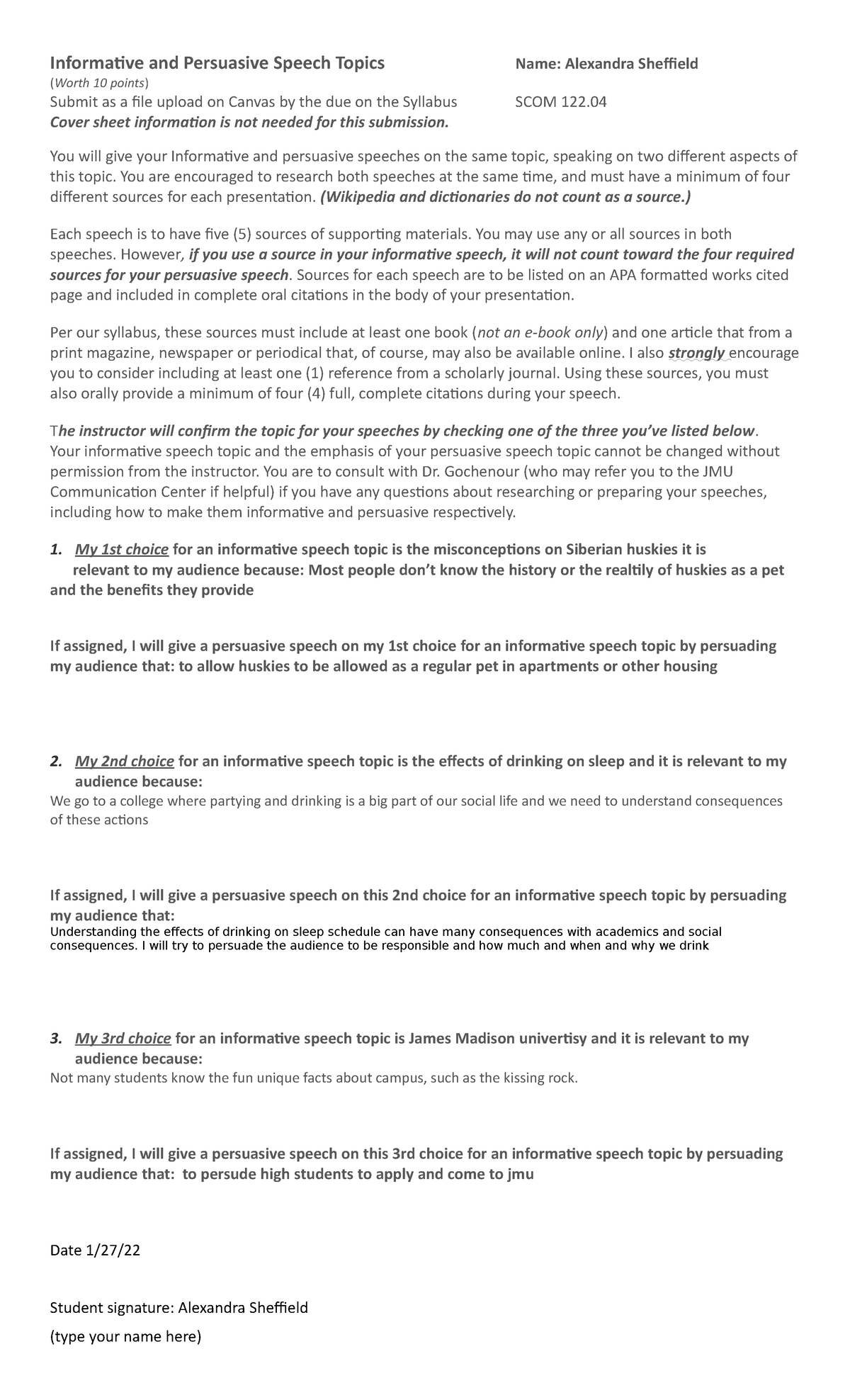 Speech Topic - Cover sheet information is not needed for this ...