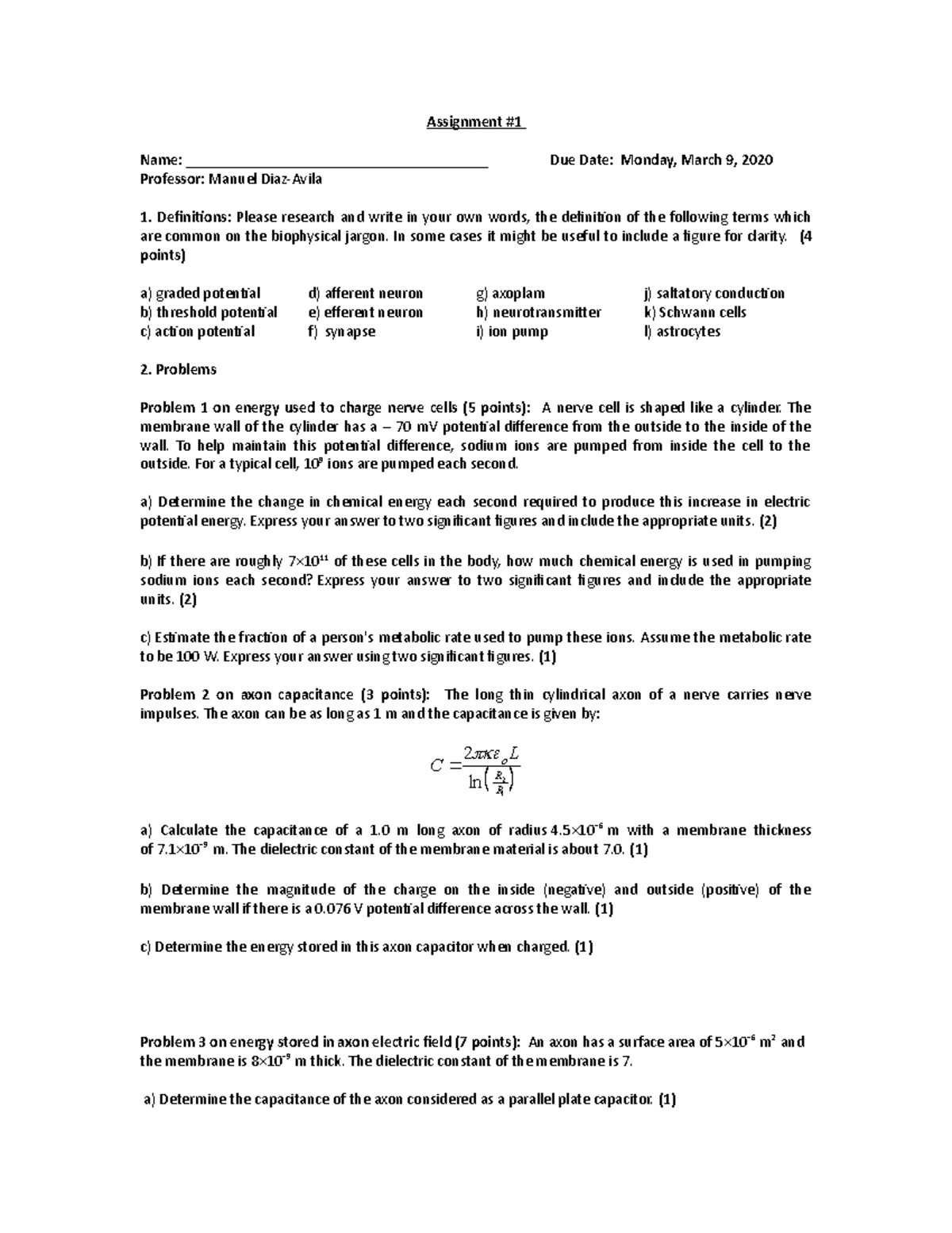Assignment 1 Biophysics - Assignment # Name ...