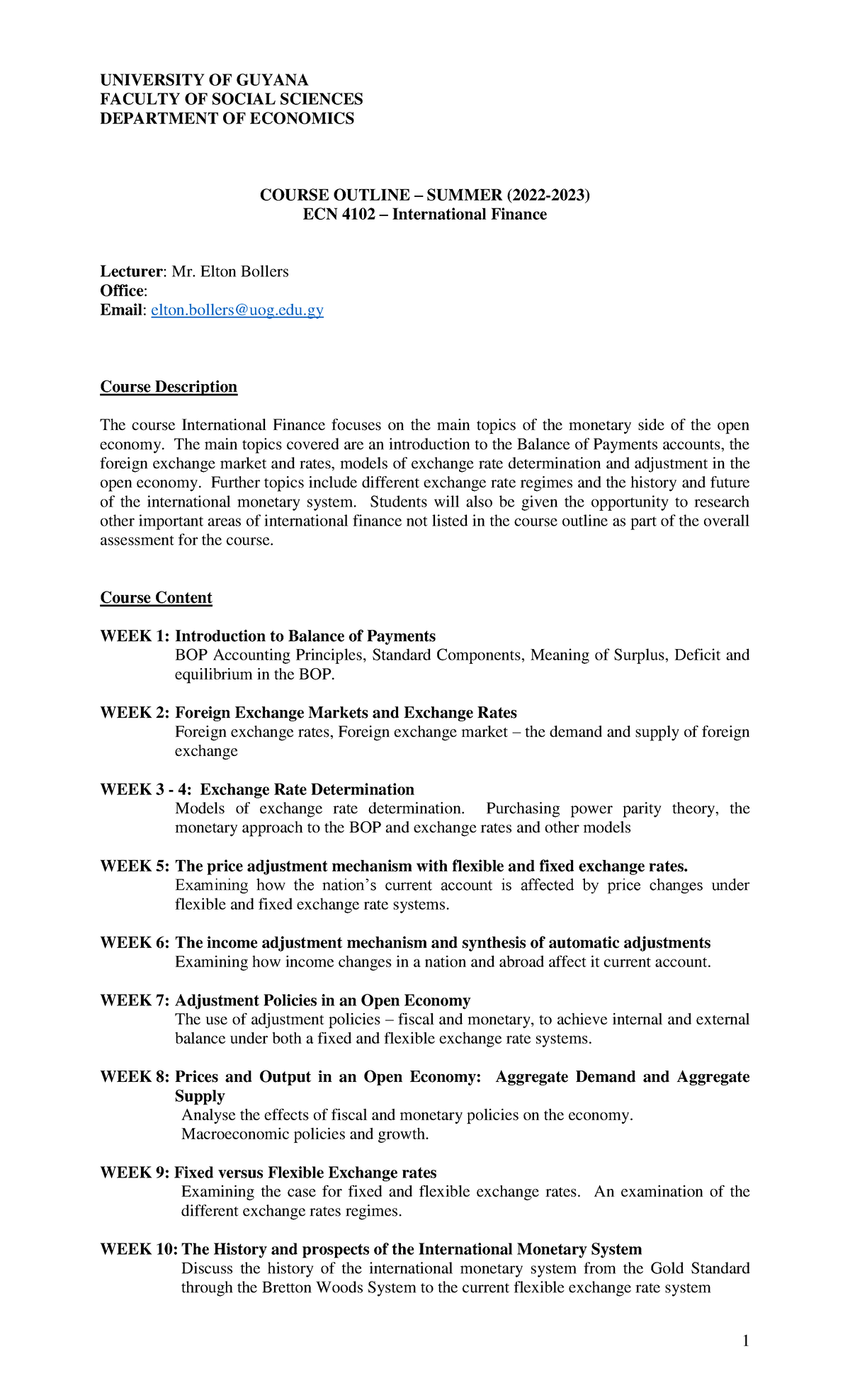 ECN 4102 Course outline (Summer 2022 2023) - 1 UNIVERSITY OF GUYANA ...