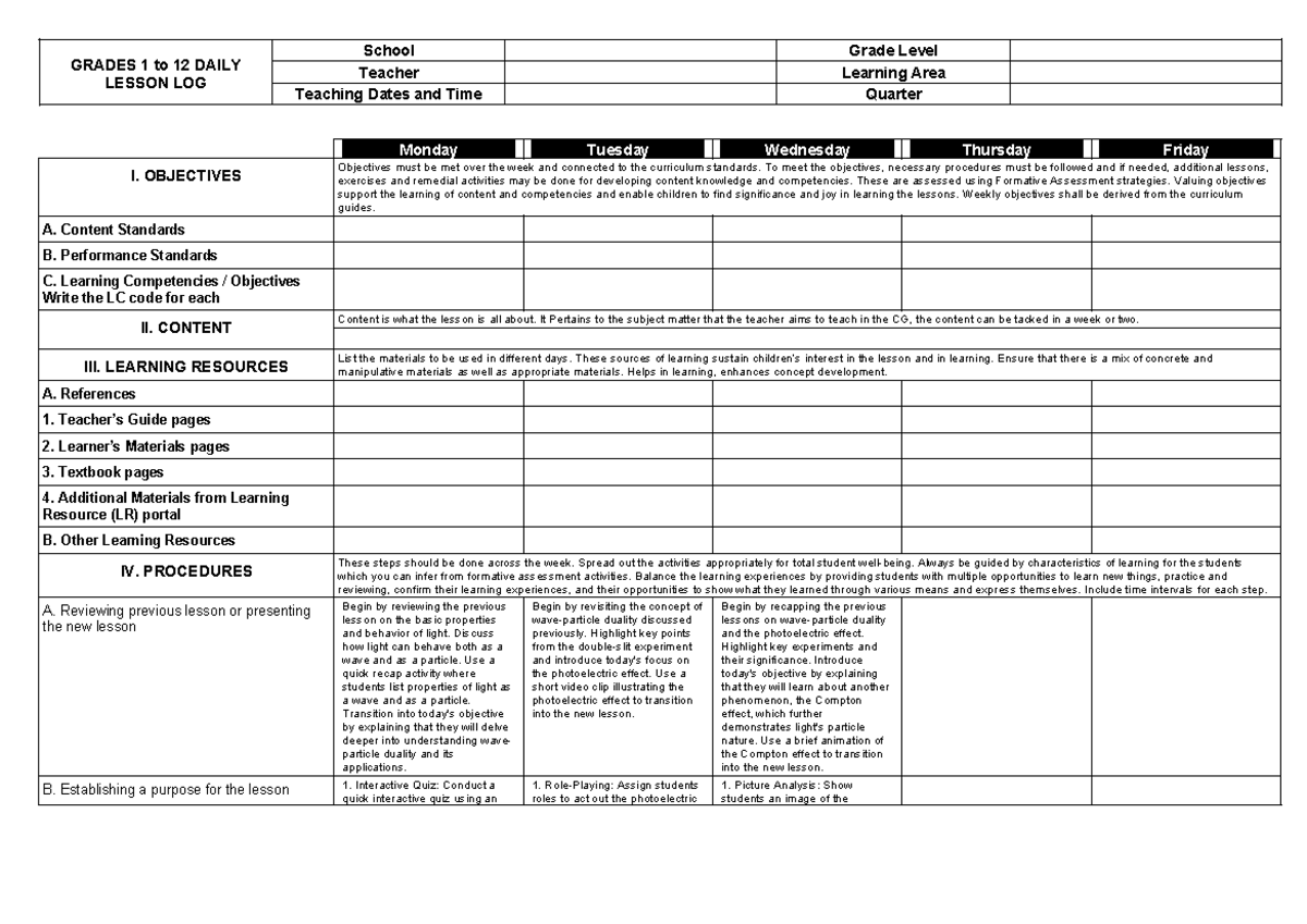 Daily lesson log - dlp for physci - GRADES 1 to 12 DAILY LESSON LOG ...