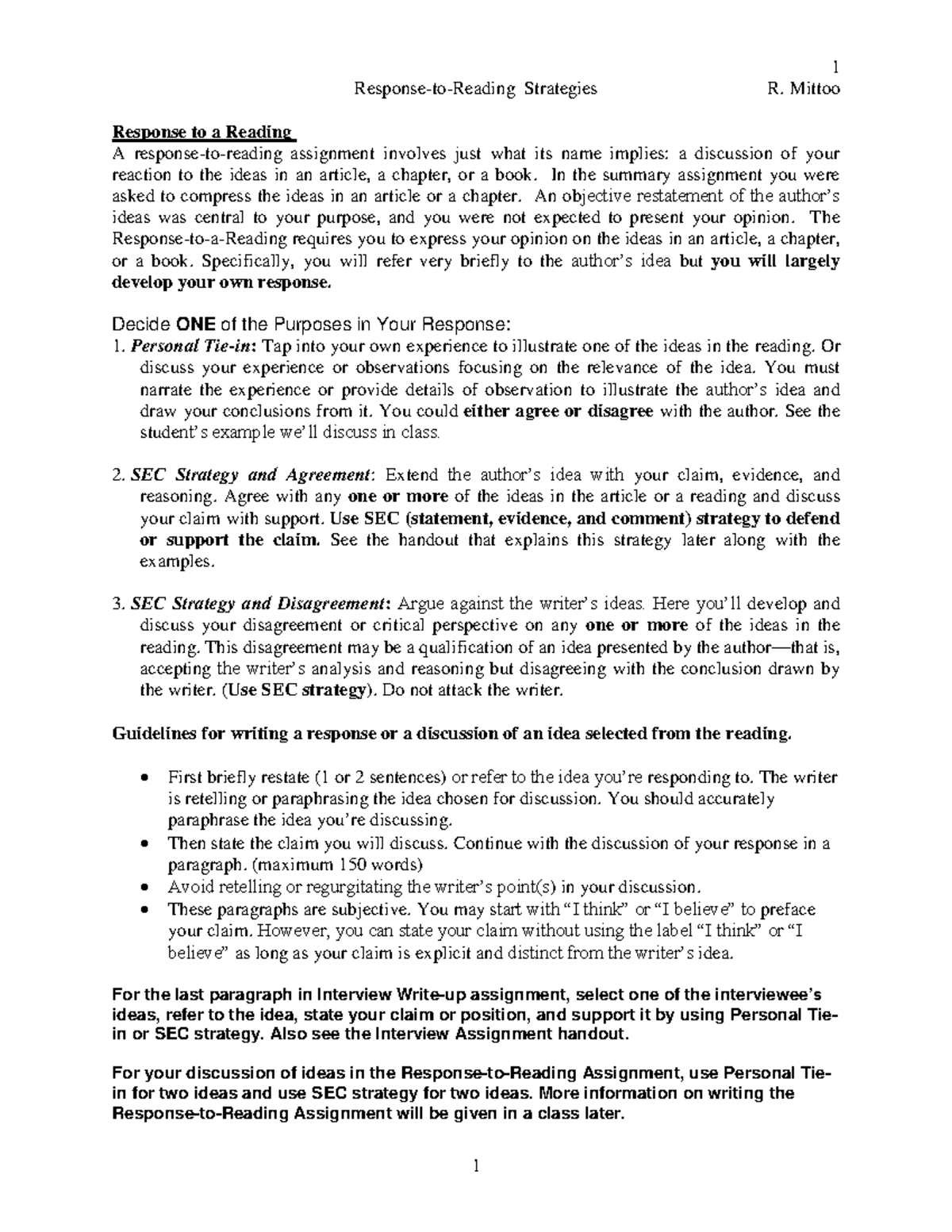 Response to Reading Guidelines S2018 - Response-to-Reading Strategies 1 ...