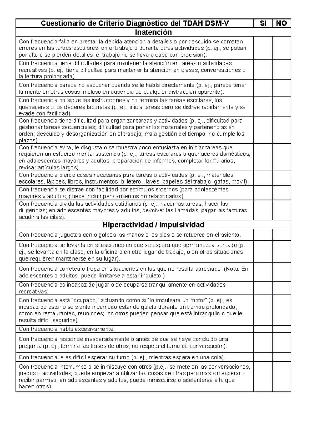 Cuestionario de Criterio Diagnóstico del TDAH DSM - Cuestionario de ...