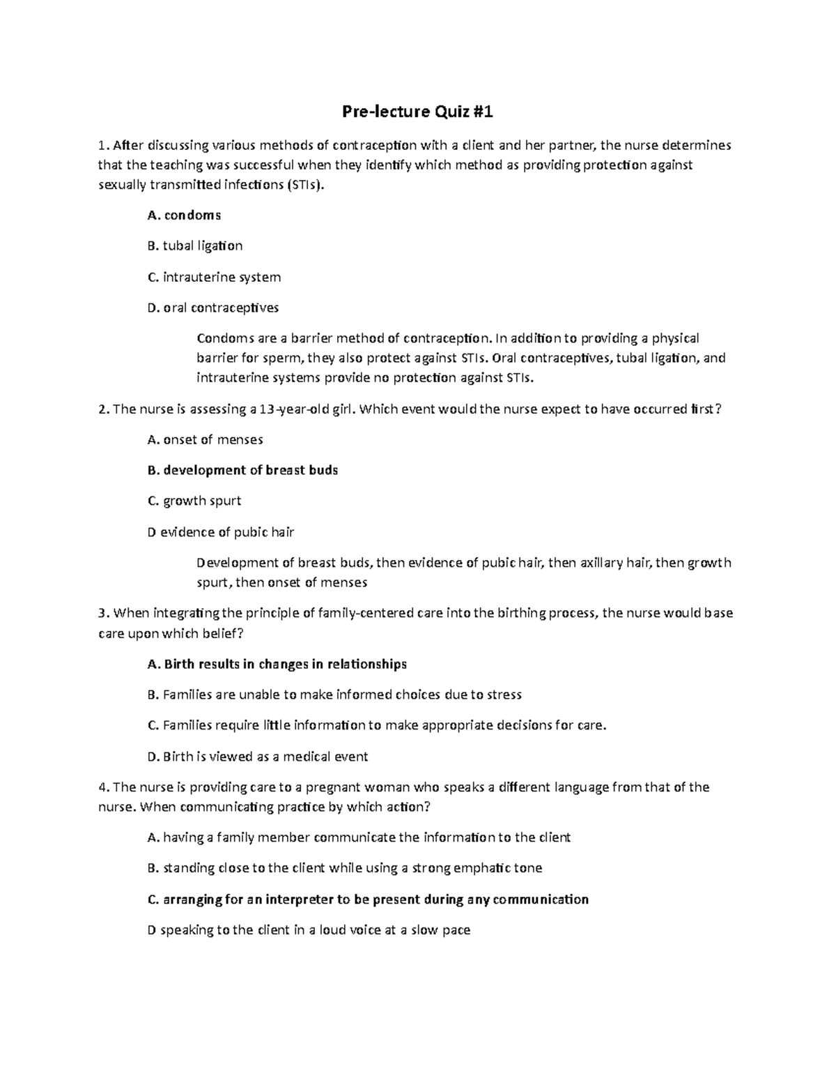Pre lecture quiz #1 OB - practice - Pre-lecture Quiz After discussing various methods of - Studocu