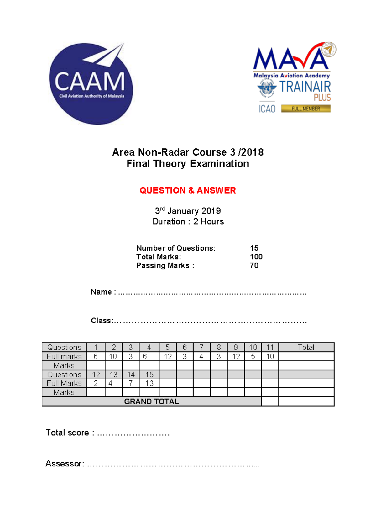 744B0FA7 - As per attached - Area Non-Radar Course 3 / Final Theory ...