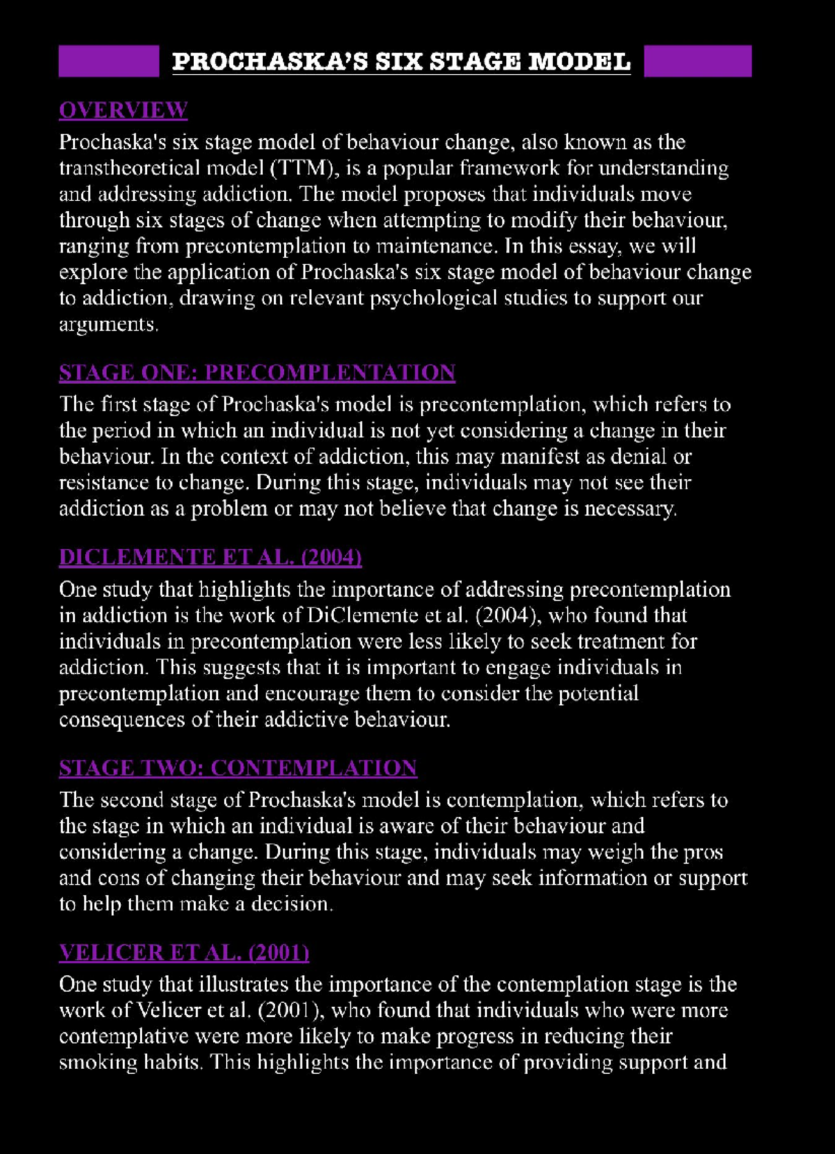 Summary - Application of Prochaska’s Six Stage Model to Addiction ...