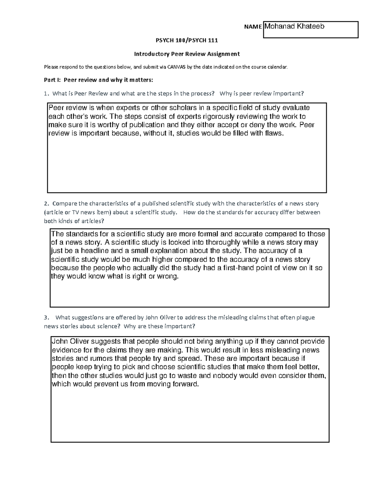Peer Review Assignment Worksheet - NAME PSYCH 100/PSYCH 111 ...