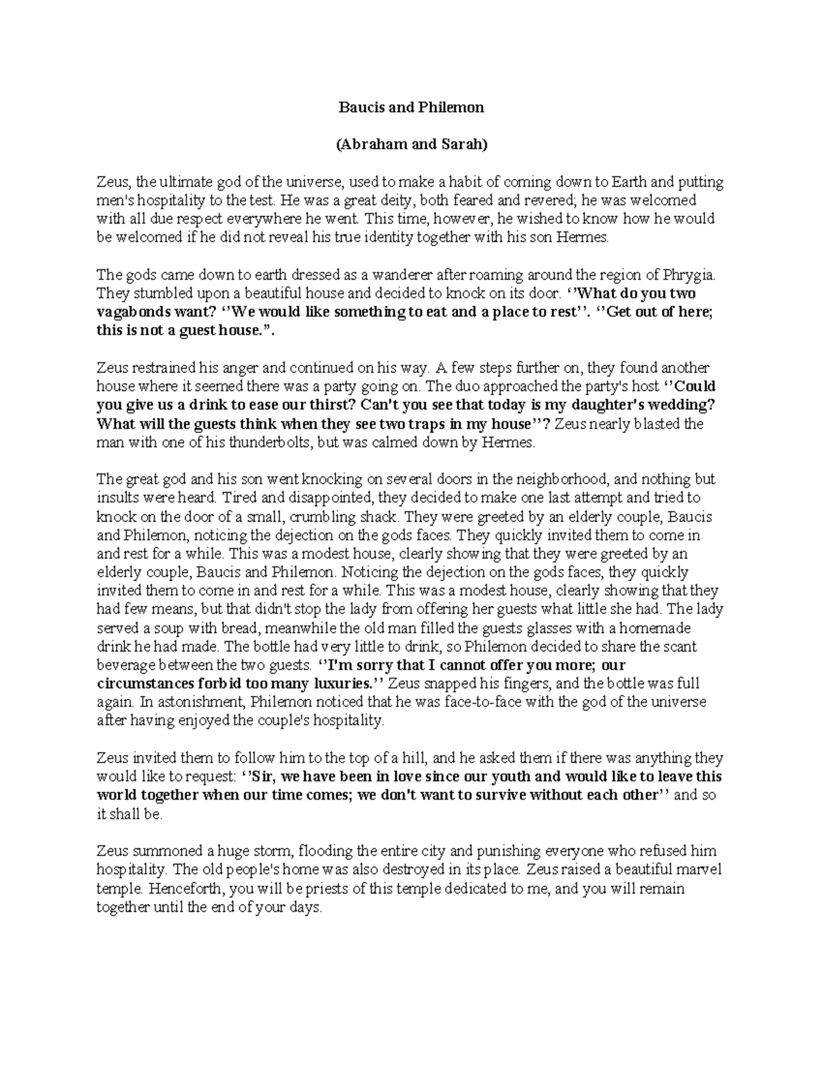 Baucis and Philemon - Baucis and Philemon (Abraham and Sarah) Zeus, the ultimate god of the ...