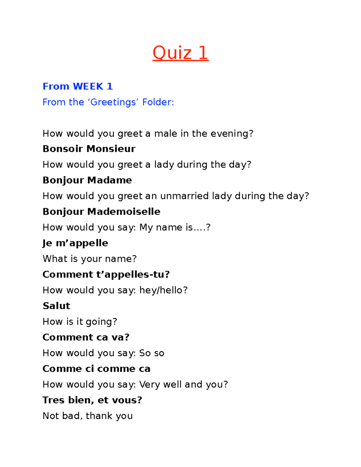 Quiz 1 Solved French - Quiz 1 From WEEK 1 From the ‘Greetings’ Folder ...