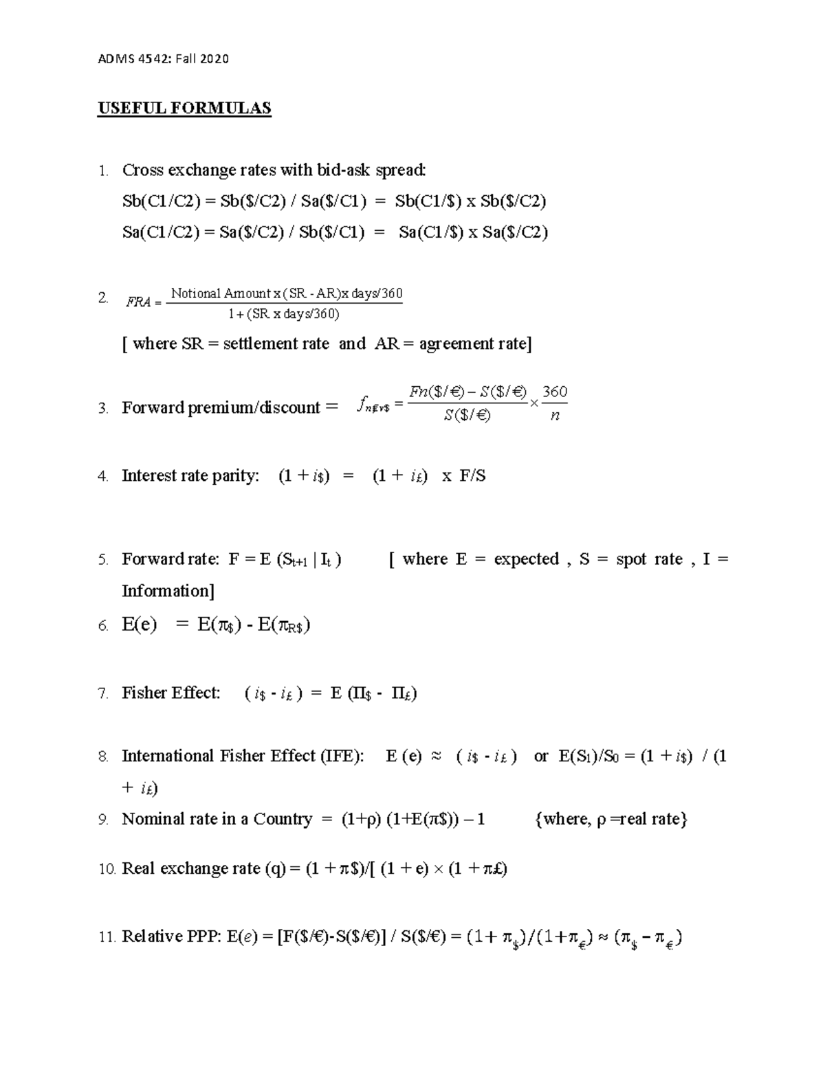 formula sheet 2020 - Warning: TT: undefined function: 32 ADMS 4542: Fall 2020 USEFUL FORMULAS ...