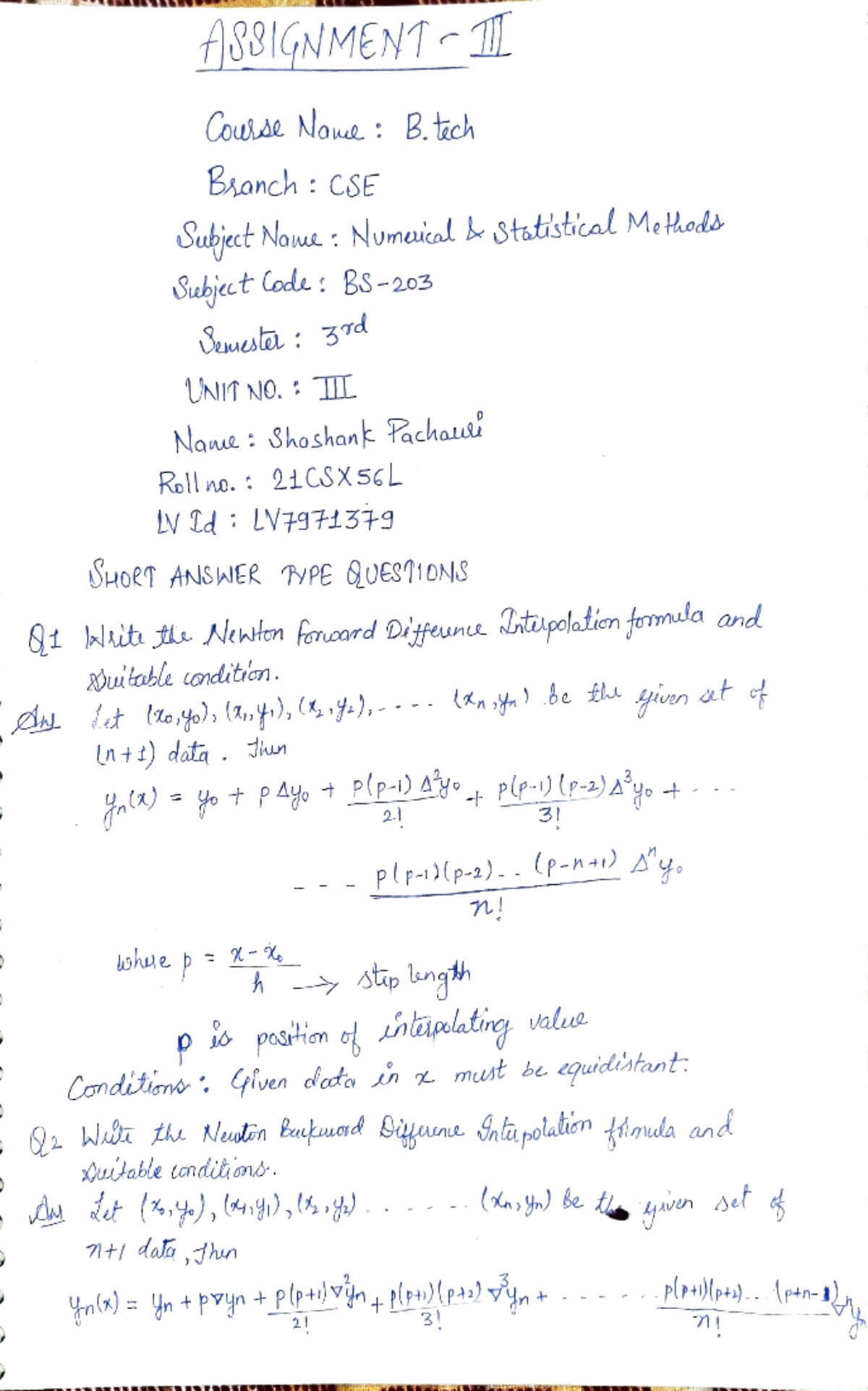 Numerical & Statistical methods Assignment 3 - ####### f881GNMENT Couse Noue: B Byanch: CSE ...