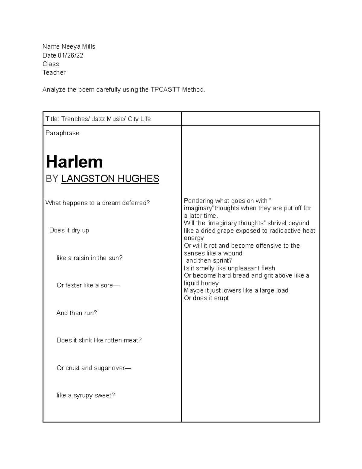 Tpcastt Harlem by Langston Hughes - Name Neeya Mills Date 01/26/ Class ...