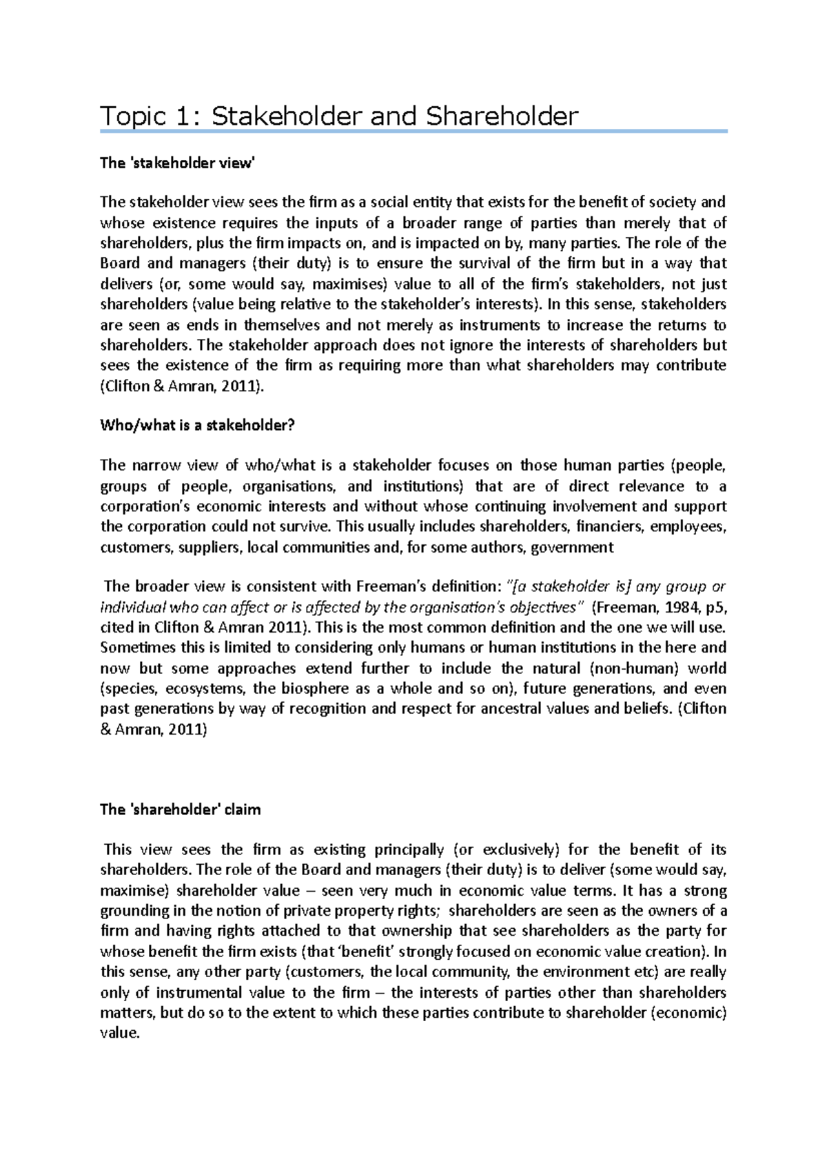 Topic 1- Stakeholder and Shareholder - The role of the Board and ...