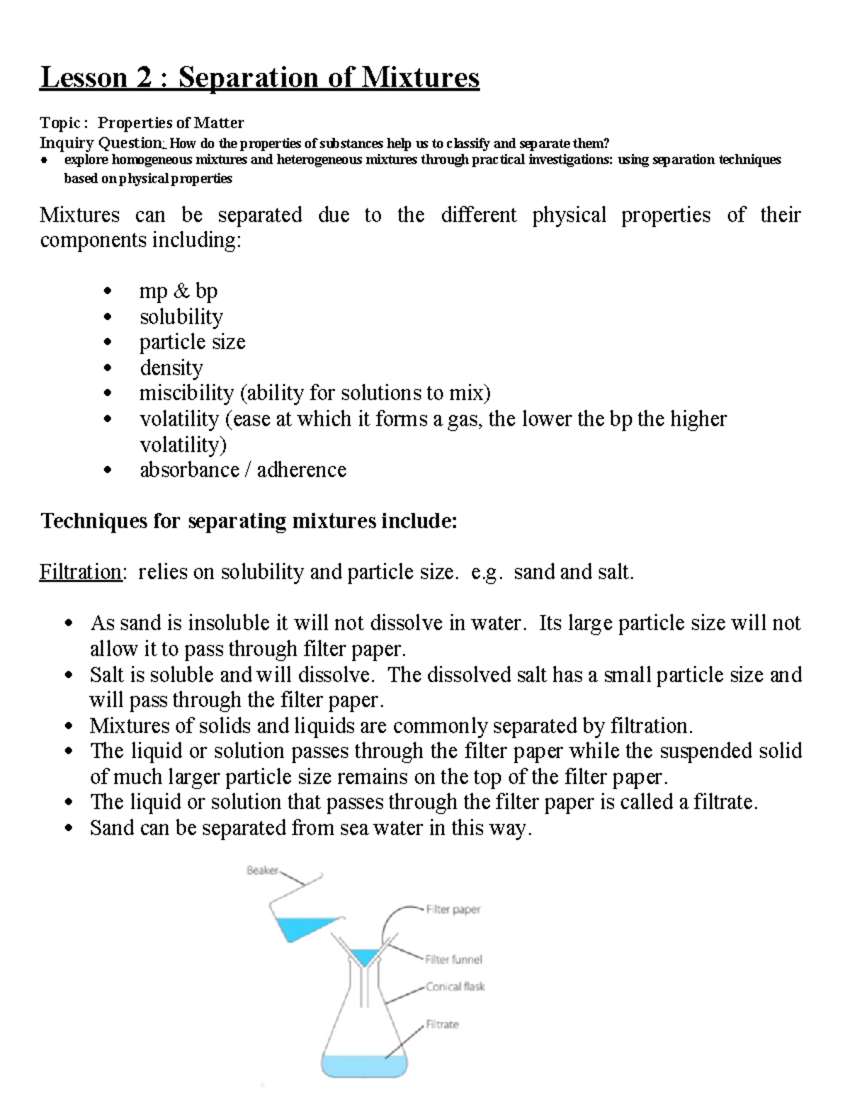 Lesson 2 Separation techniques - Lesson 2 : Separation of Mixtures ...