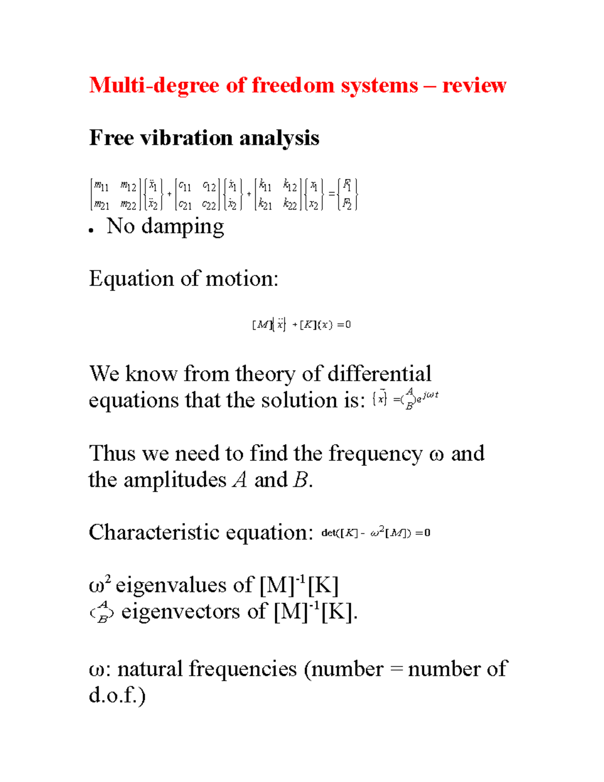 6Review-Freevibration-MDOF - of freedom systems review Free vibration ...