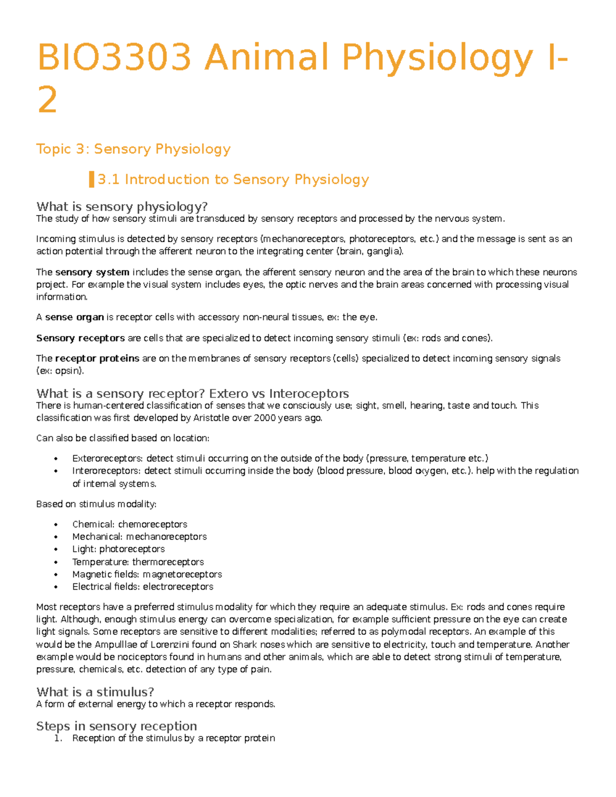 Summary Animal Physiology I - Topic 3: Sensory Physiology - BIO3303 ...