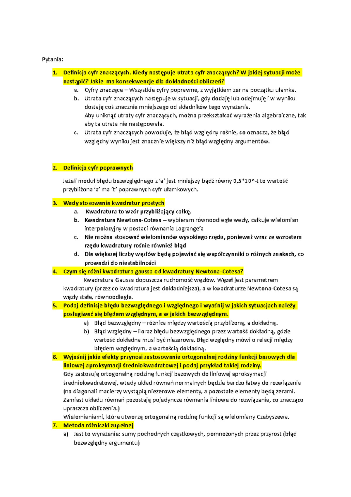 MN KOL I notatki - Analiza propagacji błędów w obliczeniach numerycznych Wykład - Pytania: 1 ...