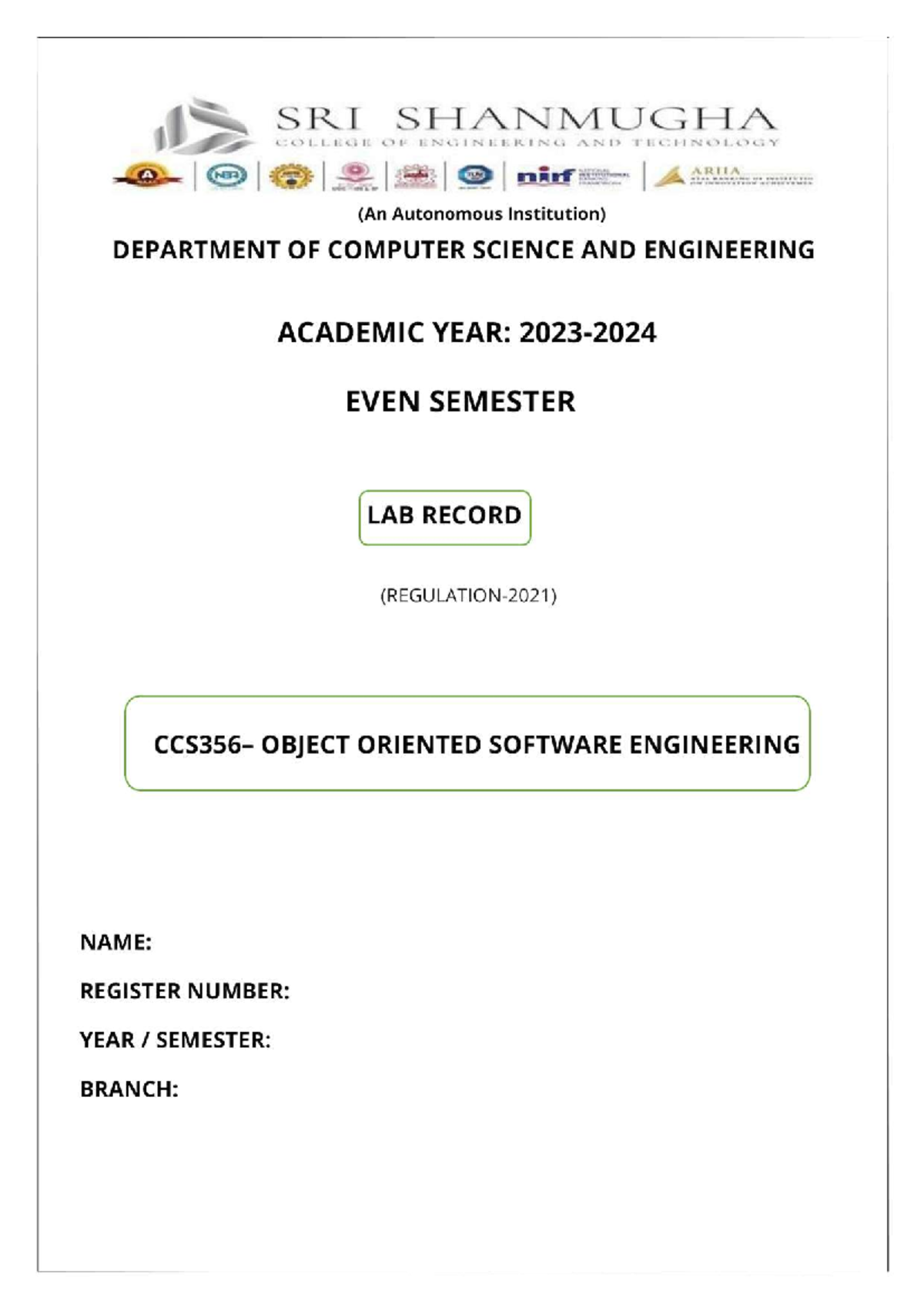 OOSE compressed - Lab manual - SRI SHANMUGHA COLLEGE OF ENGINEERING AND TECHNOLOGY nirf ARIIA ...