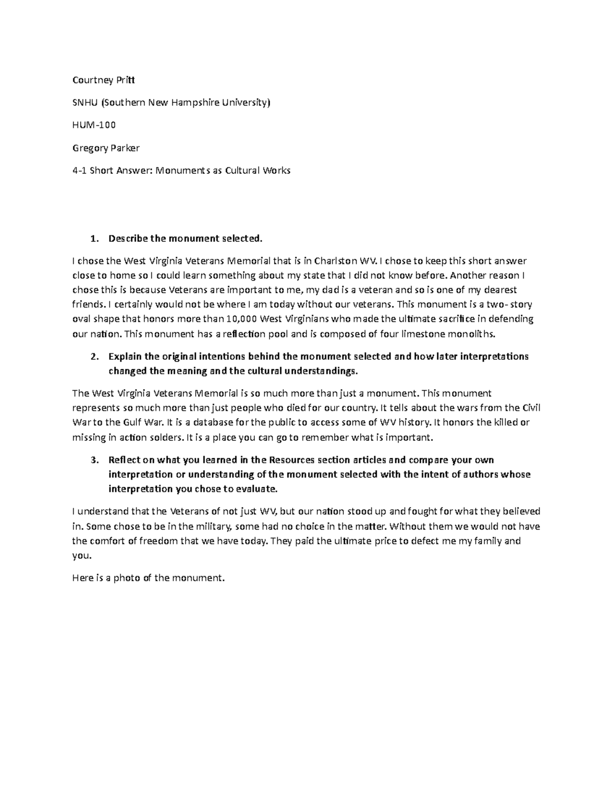 Hum-100 4-1 - very helpful - Courtney Prit SNHU (Southern New Hampshire ...