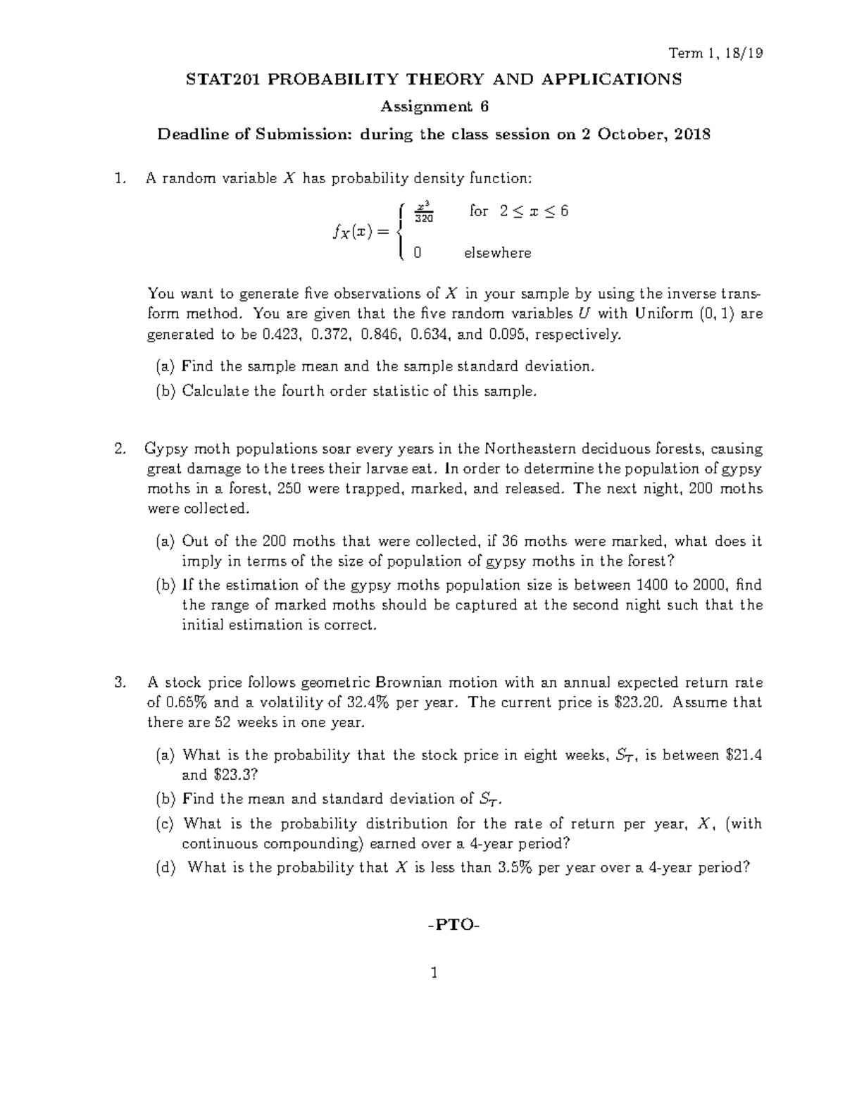 Assignment 6 - Questions - Term 1, 18/ STAT201 PROBABILITY THEORY AND APPLICATIONS Assignment 6 ...