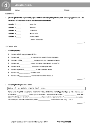 Brainy kl4 Short Tests Unit 1 Lesson 1 - Photocopiable Brainy klasa 4 ...