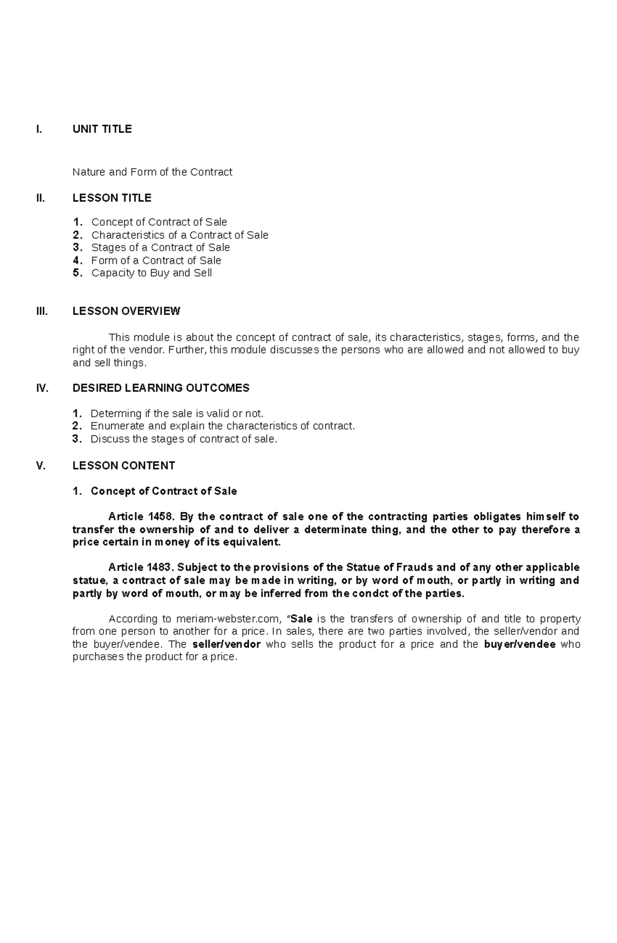 Module 1 LAW 2 1S-21-22 - OBLICON Notes - I. UNIT TITLE Nature and Form ...