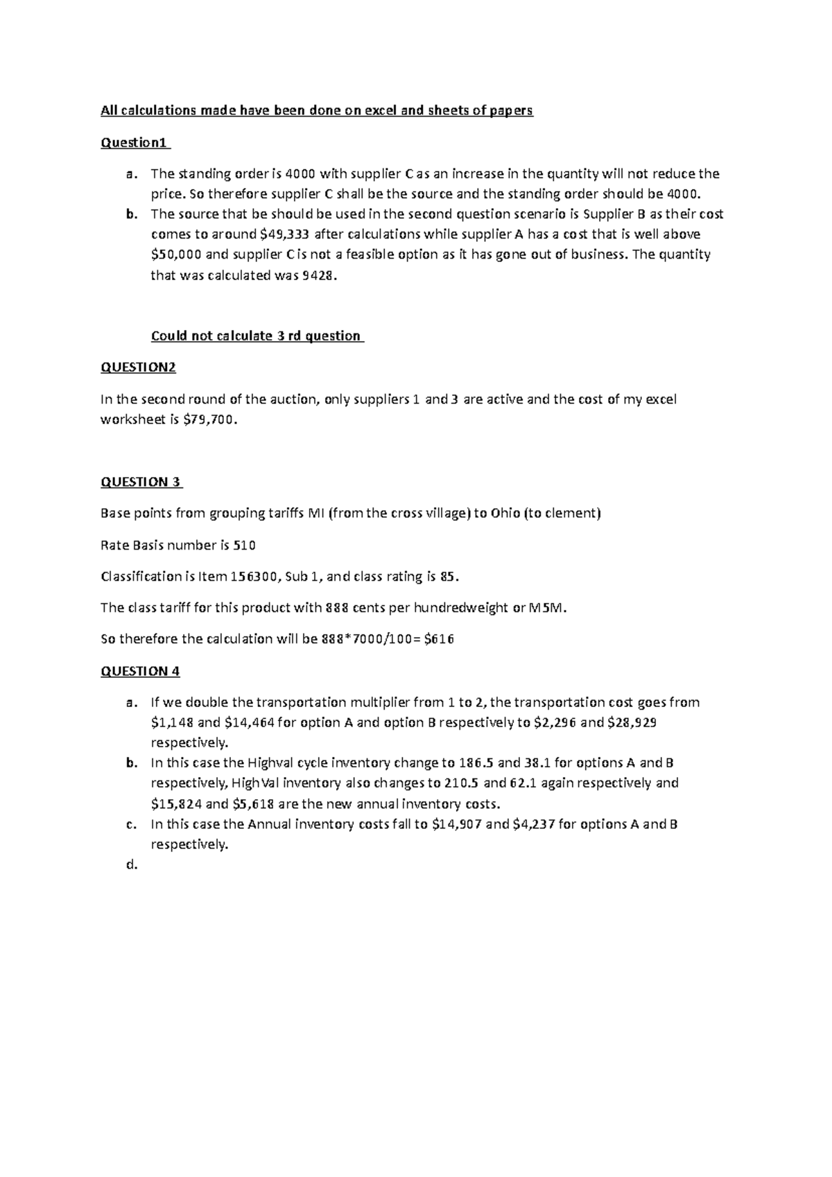 40D3 assignment - notes - All calculations made have been done on excel ...