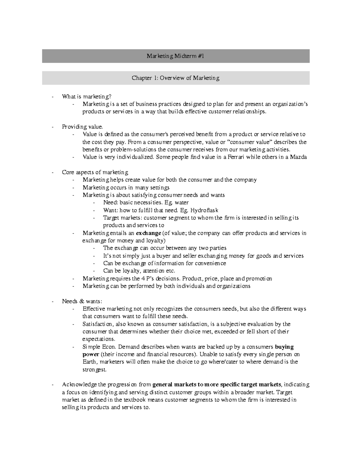 Marketing Midterm #1 - Google Docs - Marketing Midterm # 1 Chapter 1 : Overview of Marketing ...