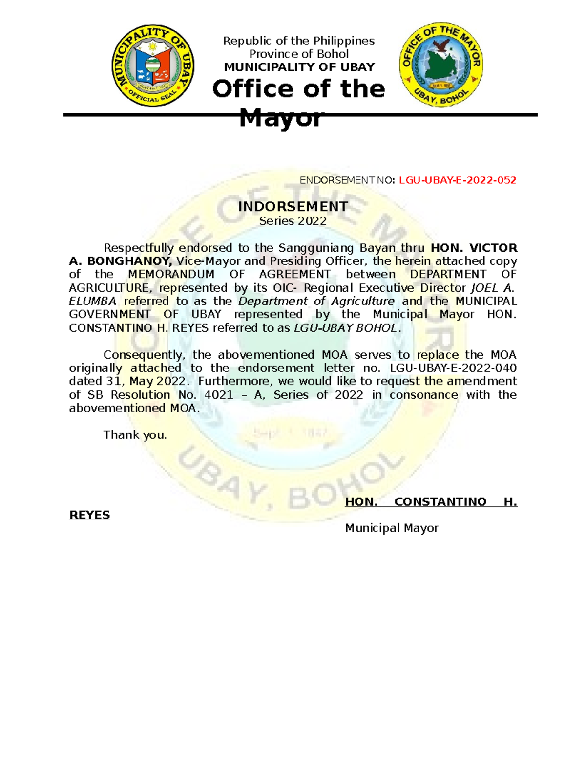 Endoresement Amendment - Republic of the Philippines Province of Bohol ...
