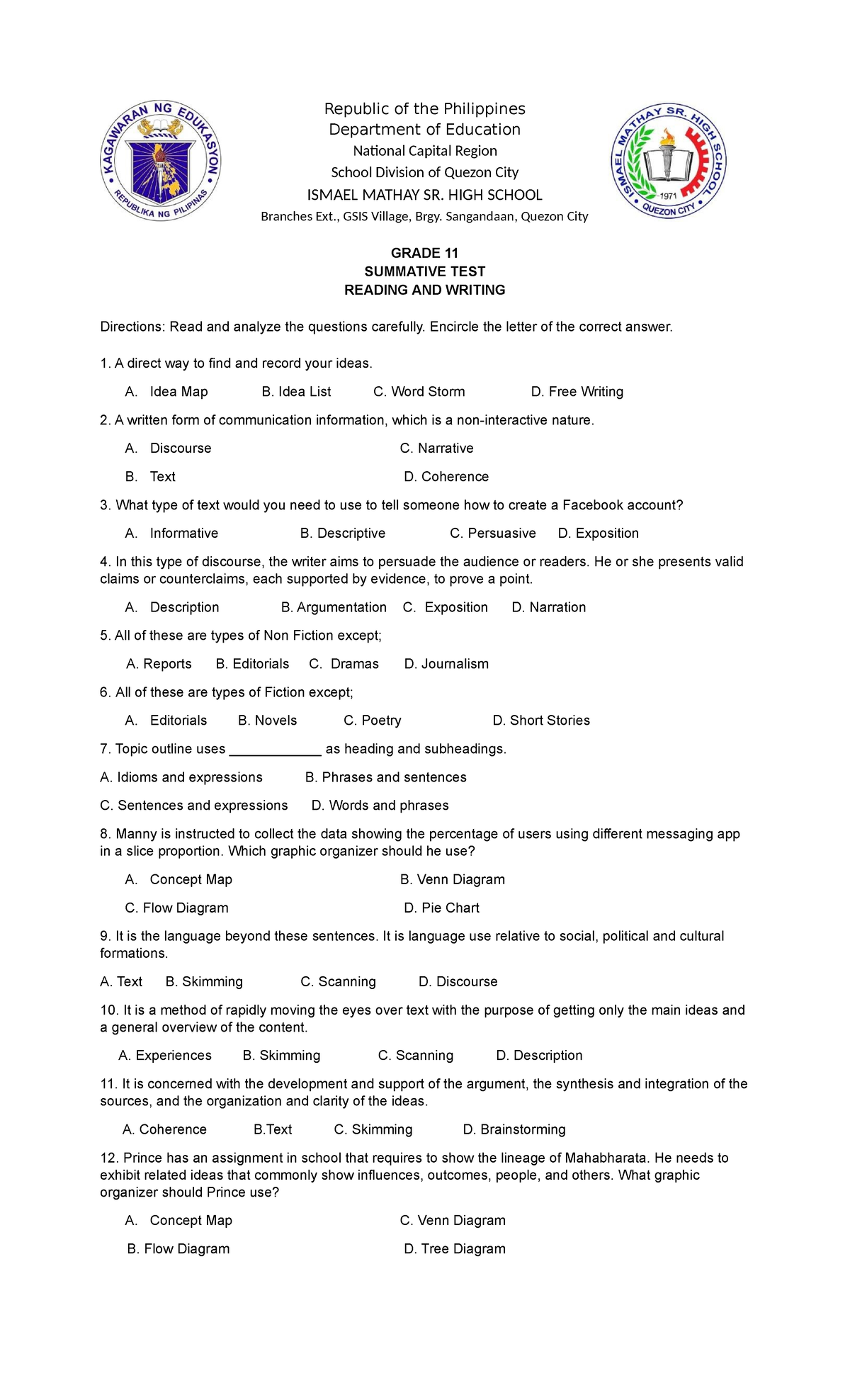 Summative Test - Reading and Writing - Republic of the Philippines ...