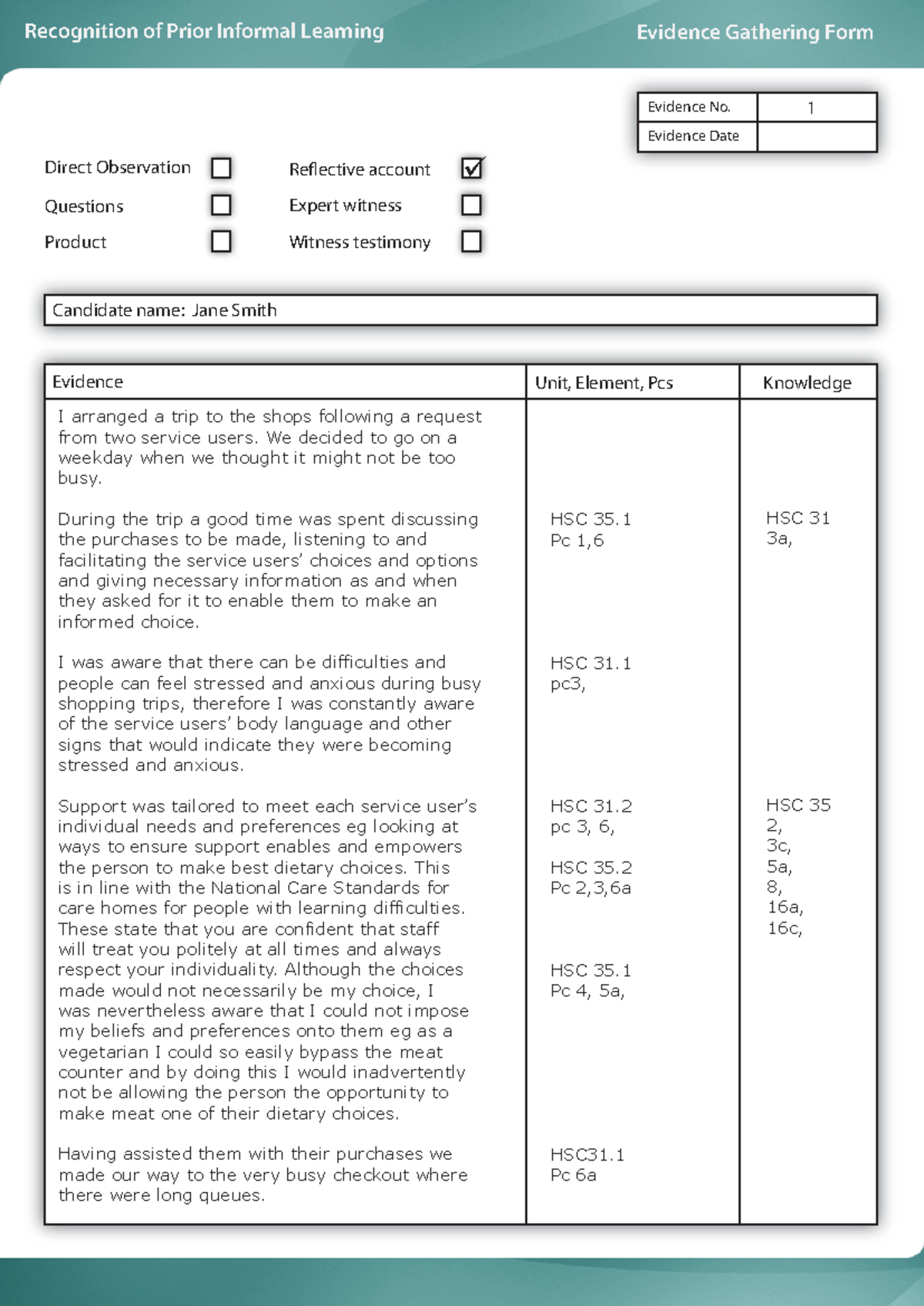 Evidence Gathering Form Example 131a - Recognition of Prior Informal ...