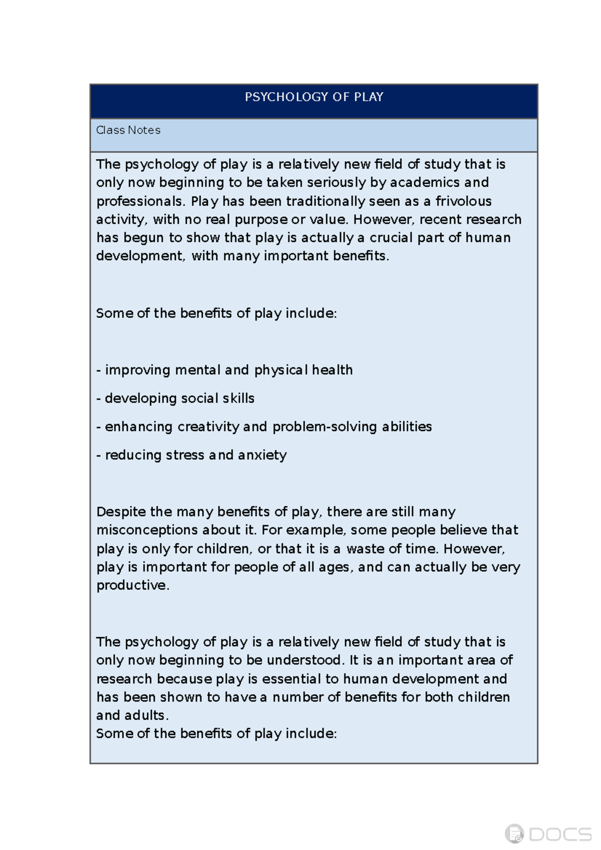 Psychology of Play Notes - PSYCHOLOGY OF PLAY Class Notes The ...