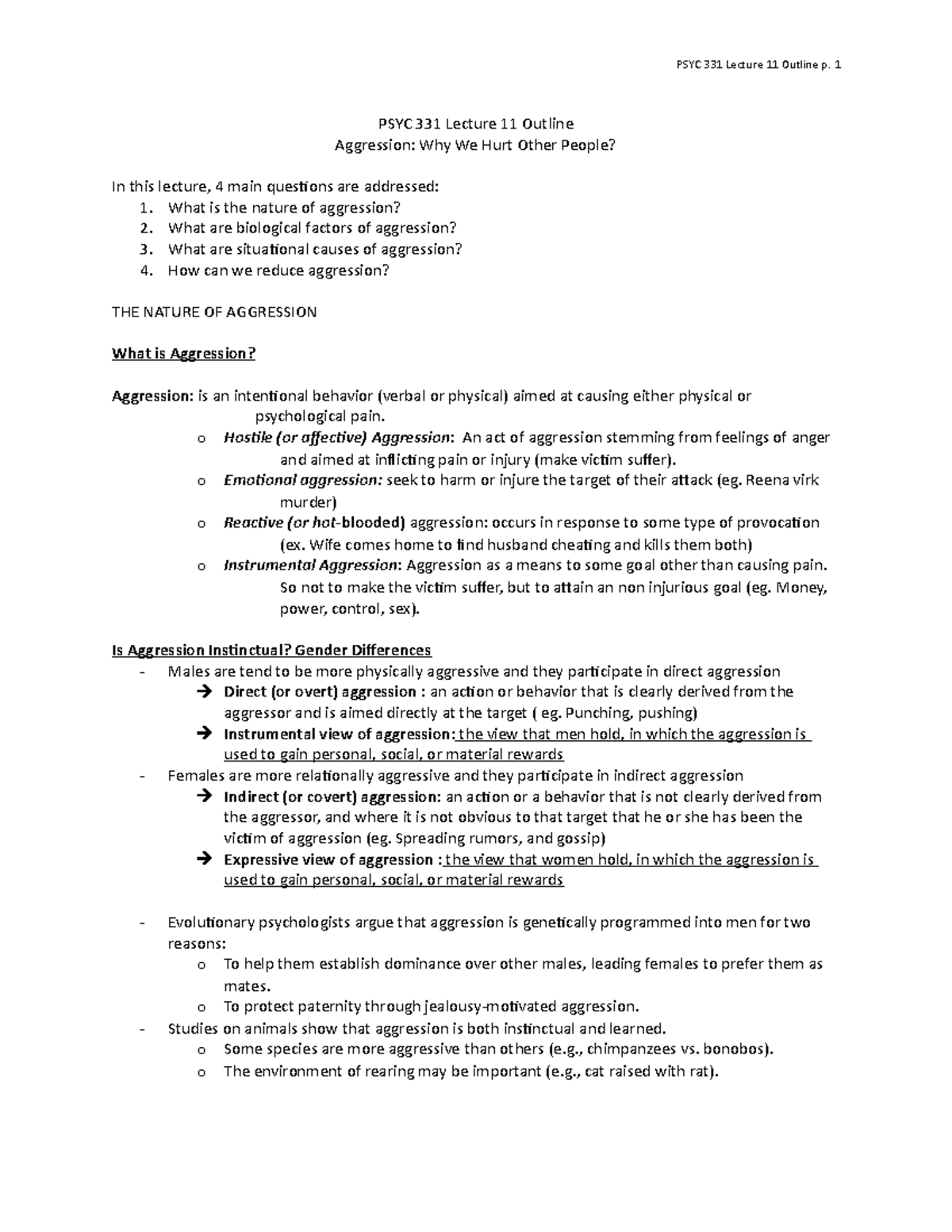 Chapter 11-aggression - PSYC 331 Lecture 11 Outline Aggression: Why We ...