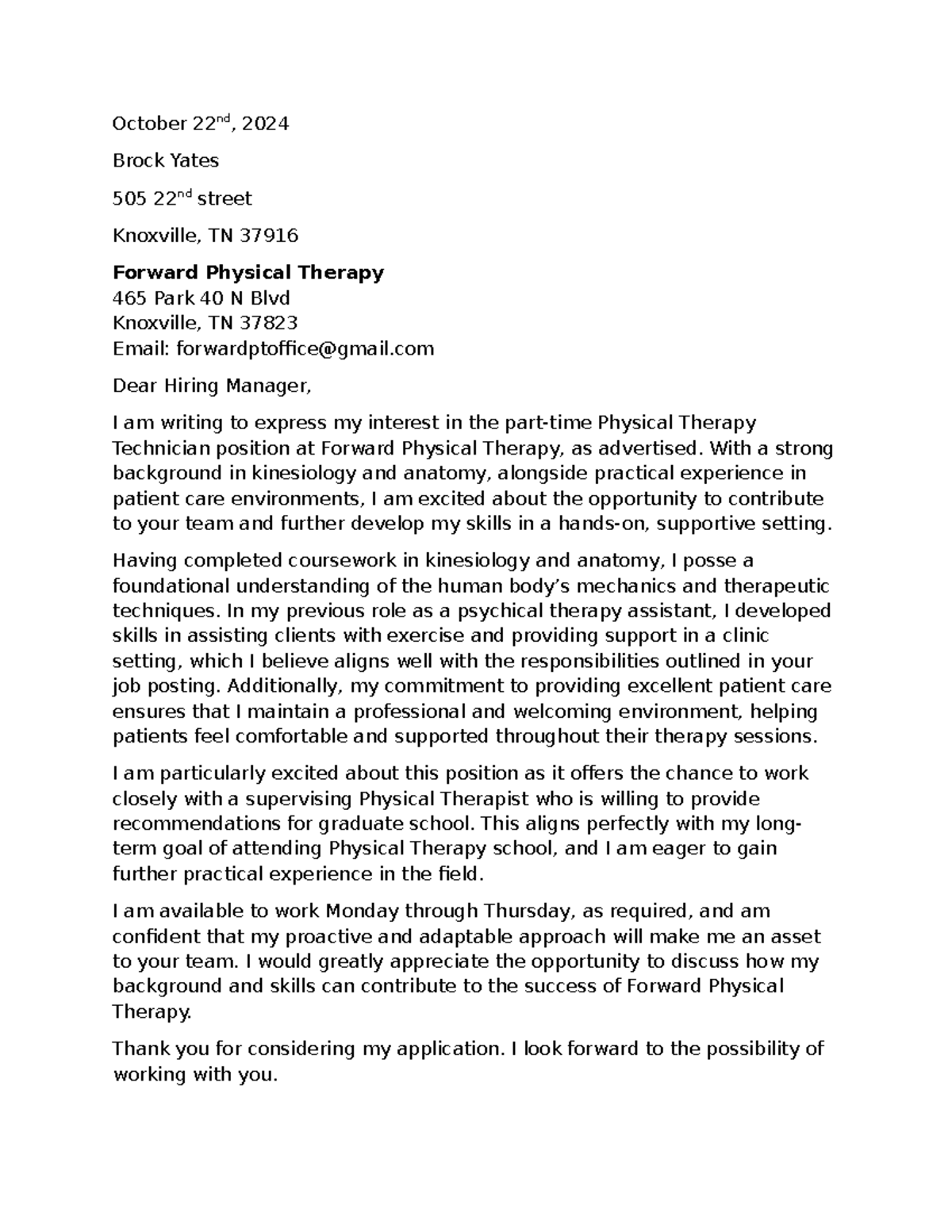 Cover letter - good - October 22nd, 2024 Brock Yates 505 22nd street ...