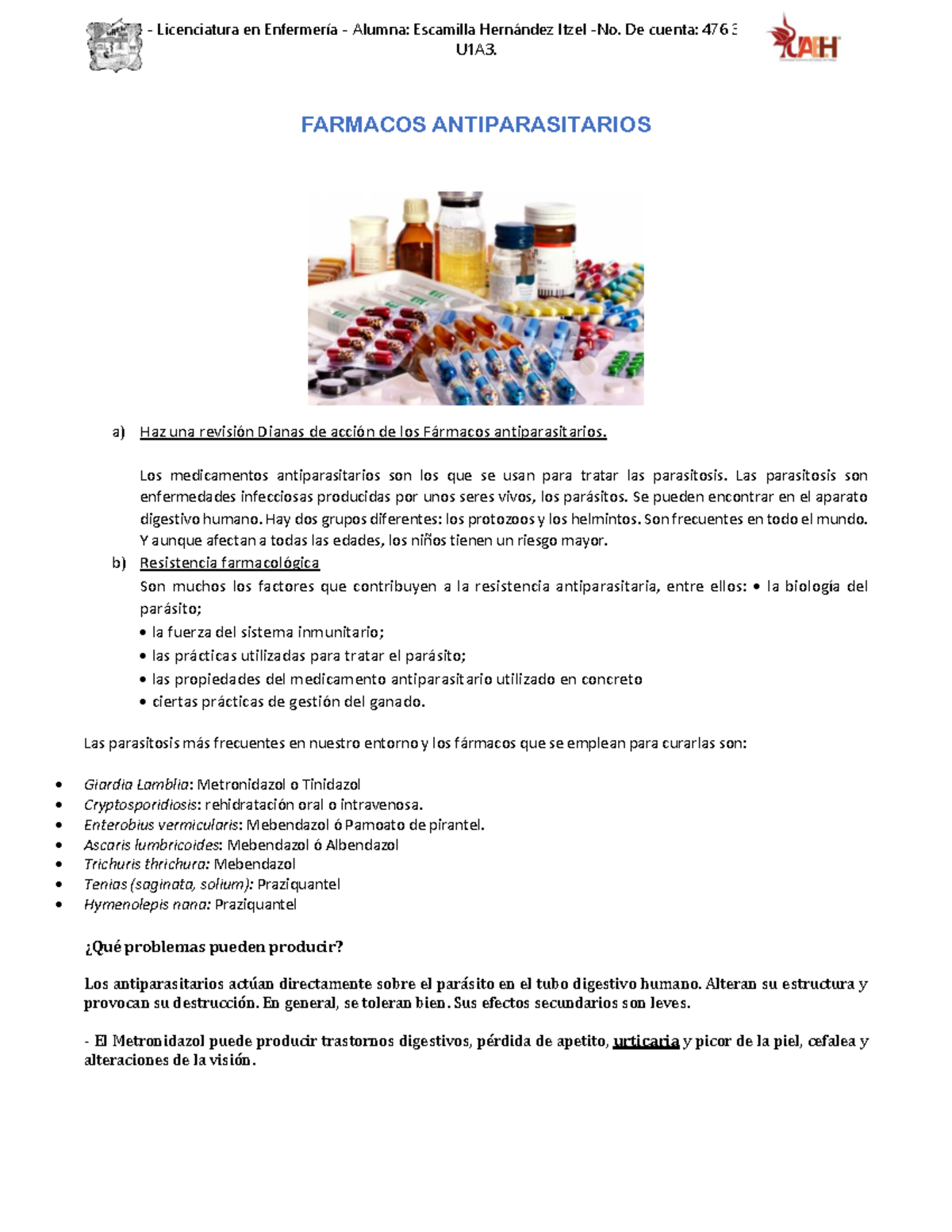 Farmacos Antiparasitarios - UAEH - Licenciatura en EnfermerÌa - Alumna ...