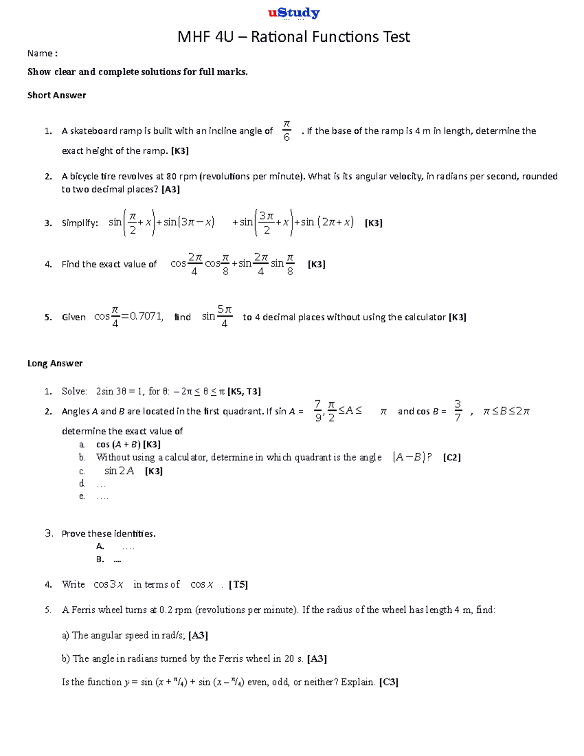 Test 6 - MHF 4U – Rational Functions Test Name : Show clear and ...