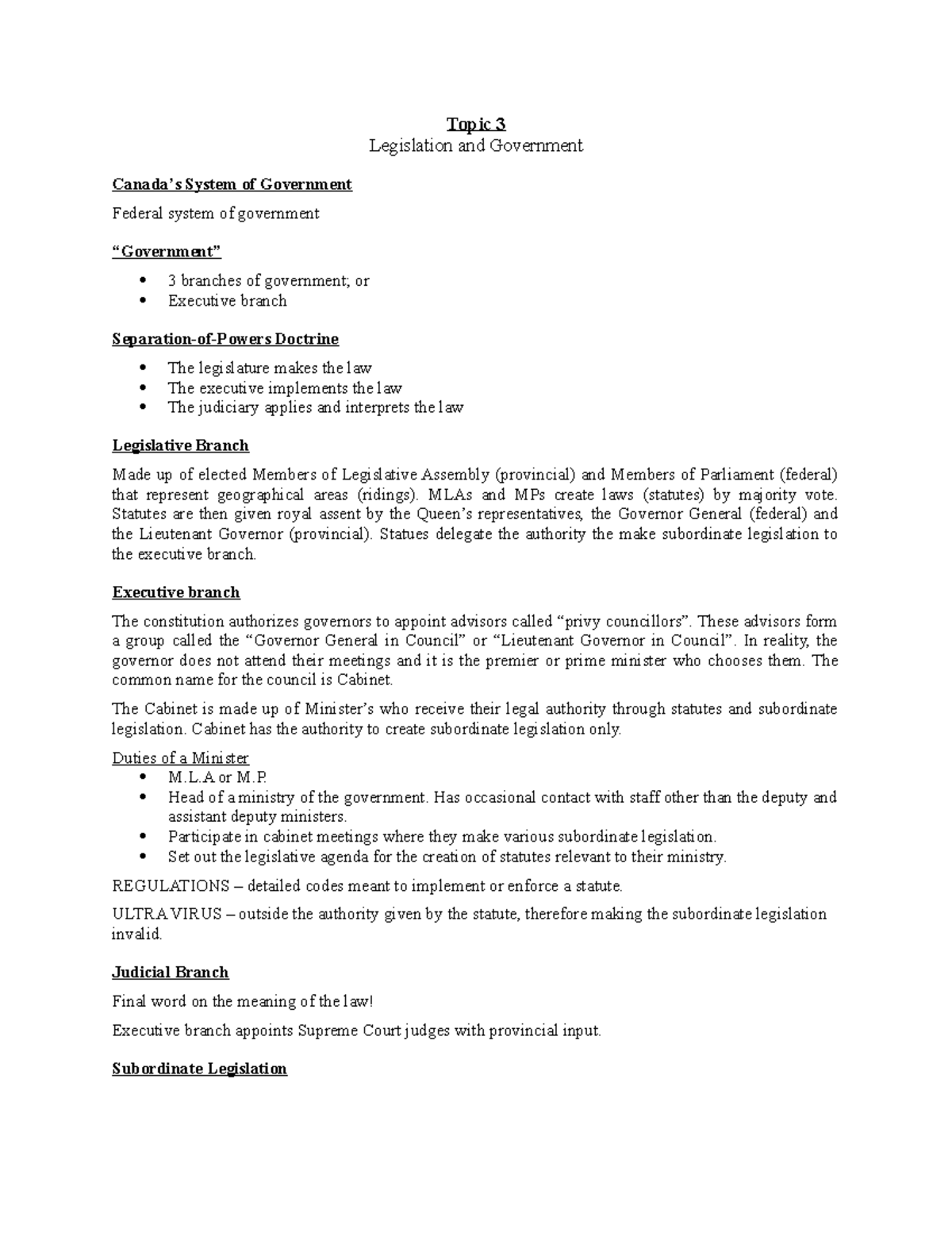 Topic 3 Notes - Legislation and Government - Topic 3 Legislation and ...