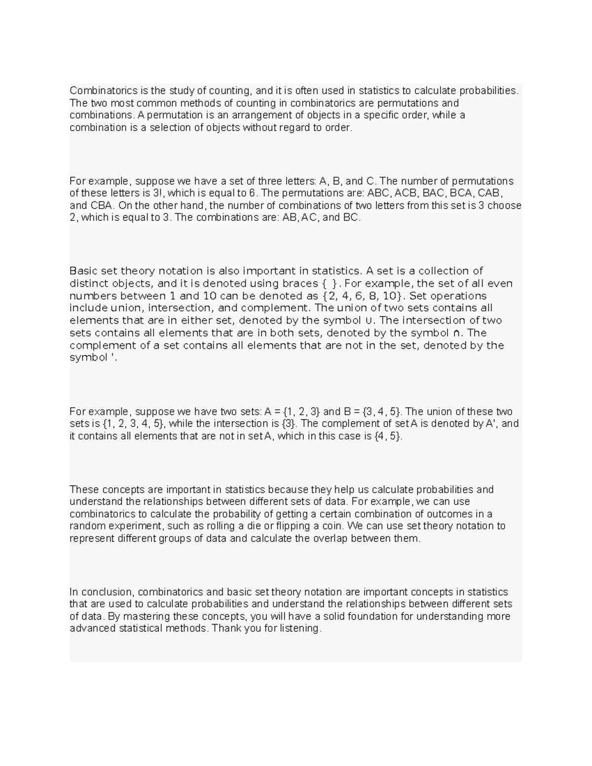 Lecture On Combinatorics And Basic Set Theory Notation In Statistics Combinatorics Is The 6273