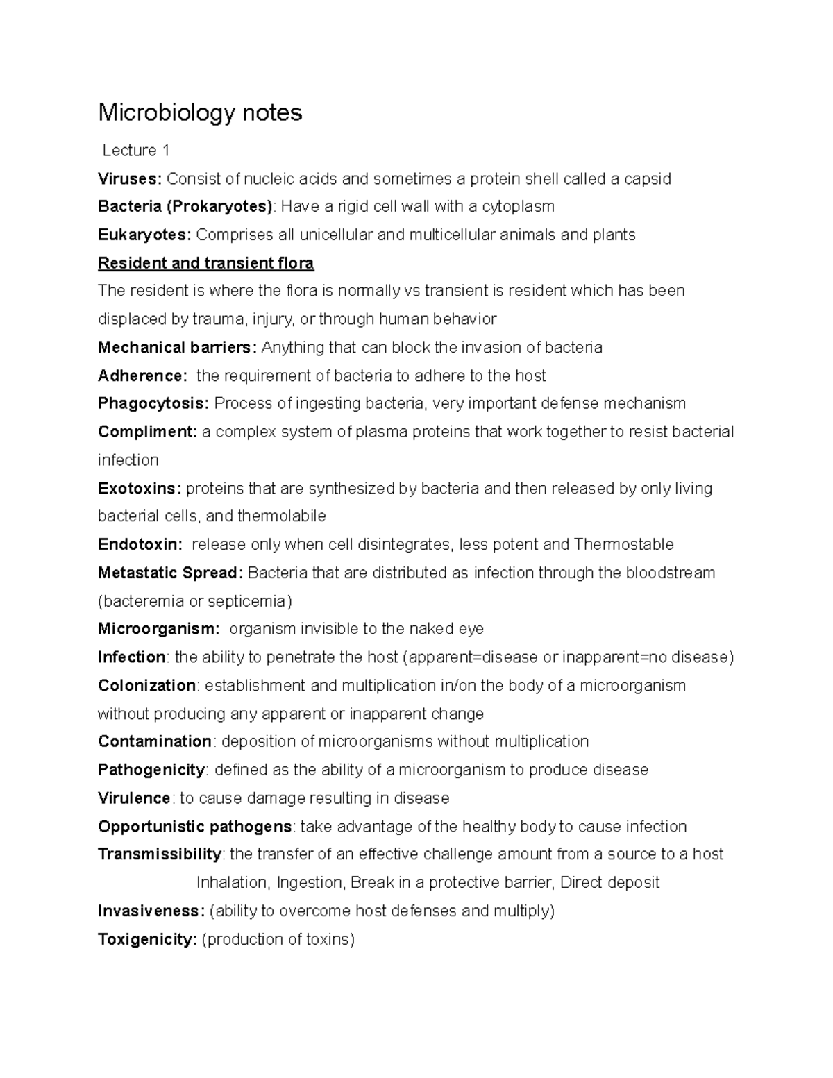 Microbiology definitions lectures 1&2 - Microbiology notes Lecture 1 ...