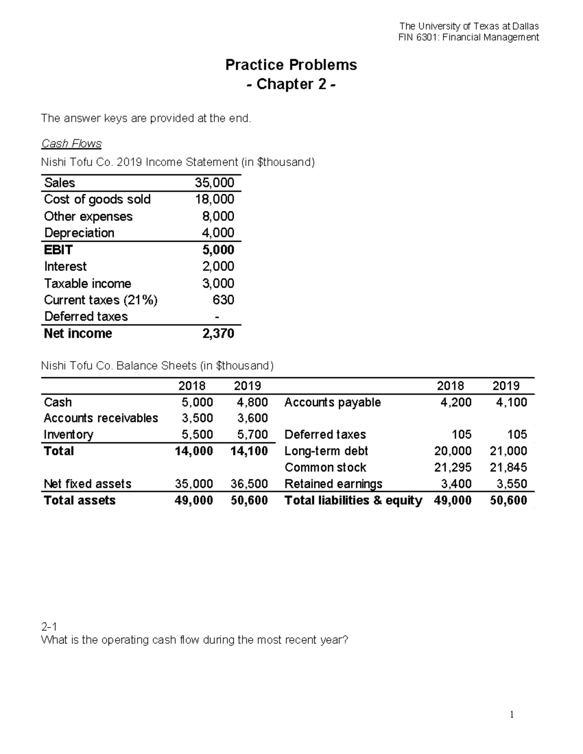 Practice Problems - Chapter 2 - The University of Texas at Dallas FIN 6301: Financial Management ...