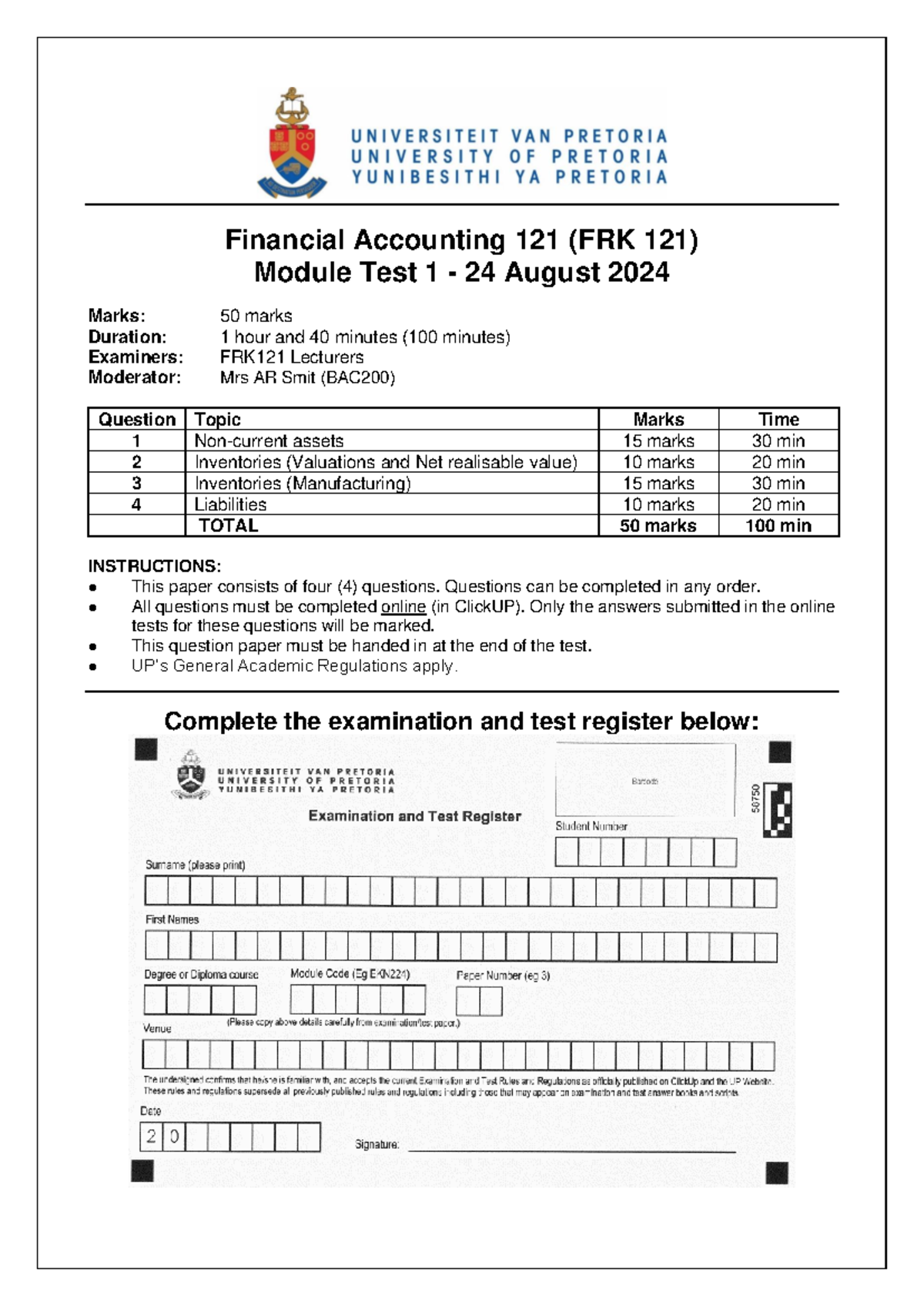 FRK 121 Module test 1 2024 - Question paper - Financial Accounting 121 ...