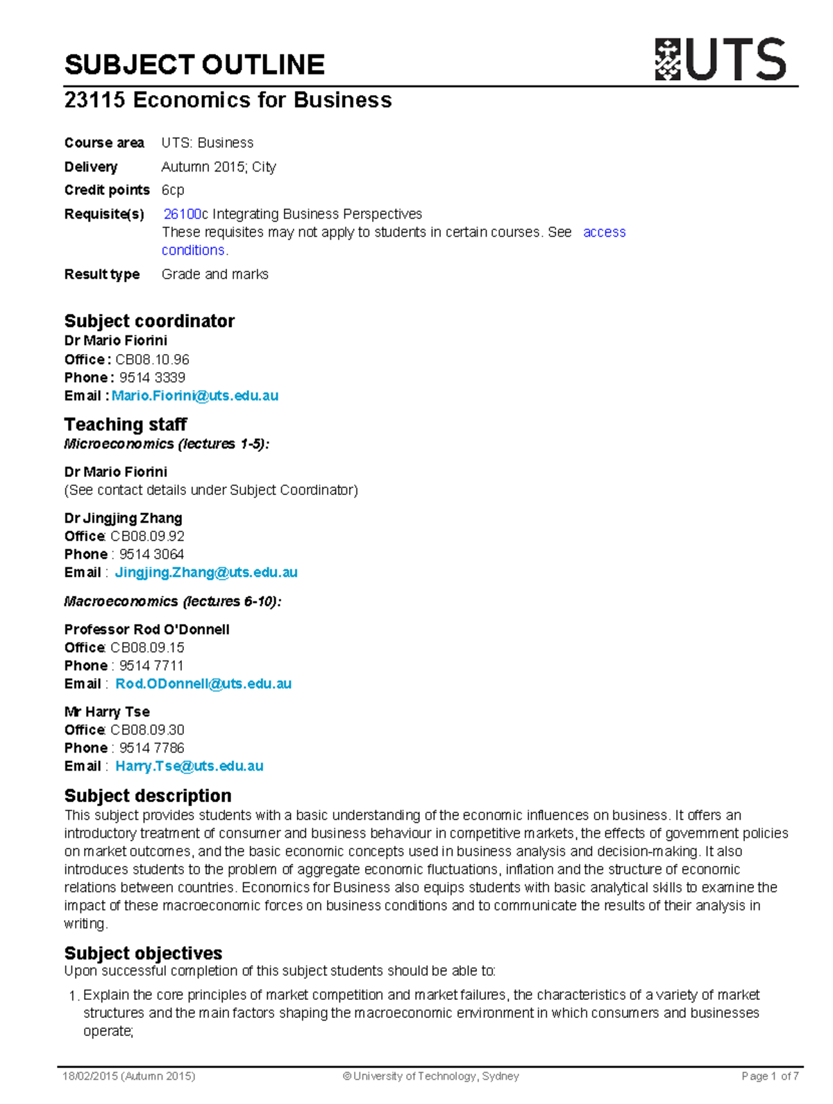 Economics Subject Outline - SUBJECT OUTLINE 23115 Economics for ...