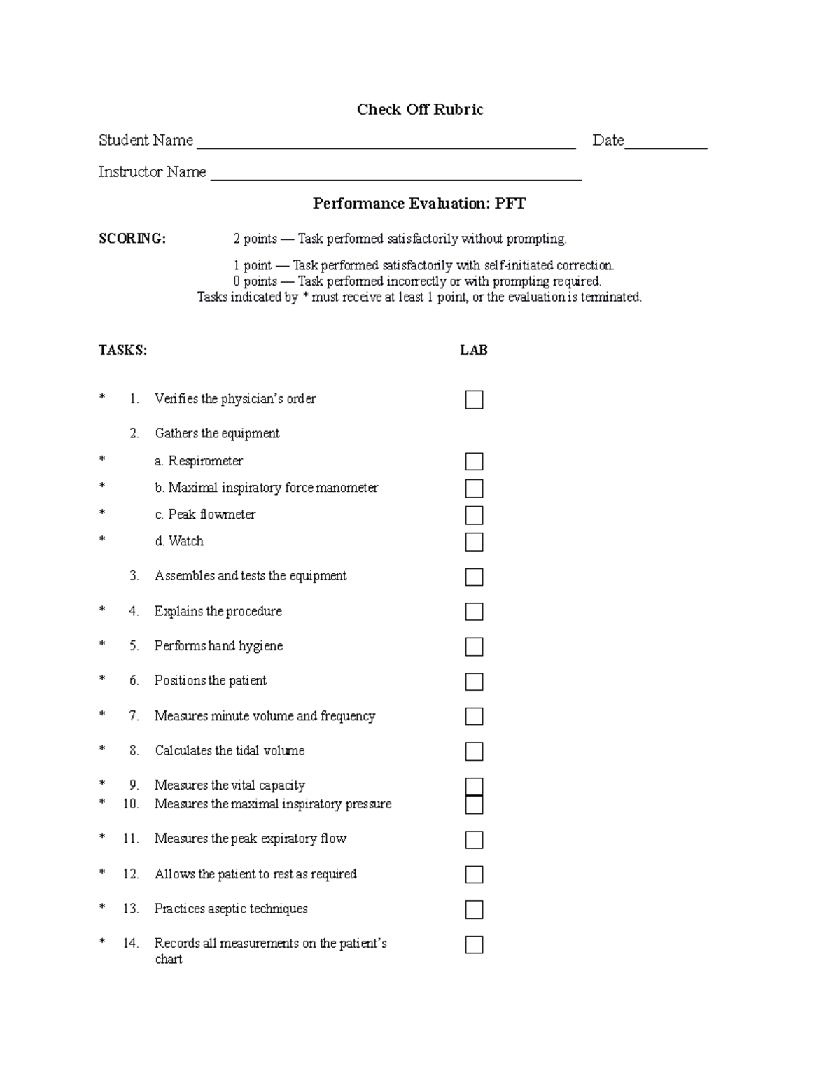 Check Off Rubric PFT - Check Off Rubric Student Name Instructor Name ...
