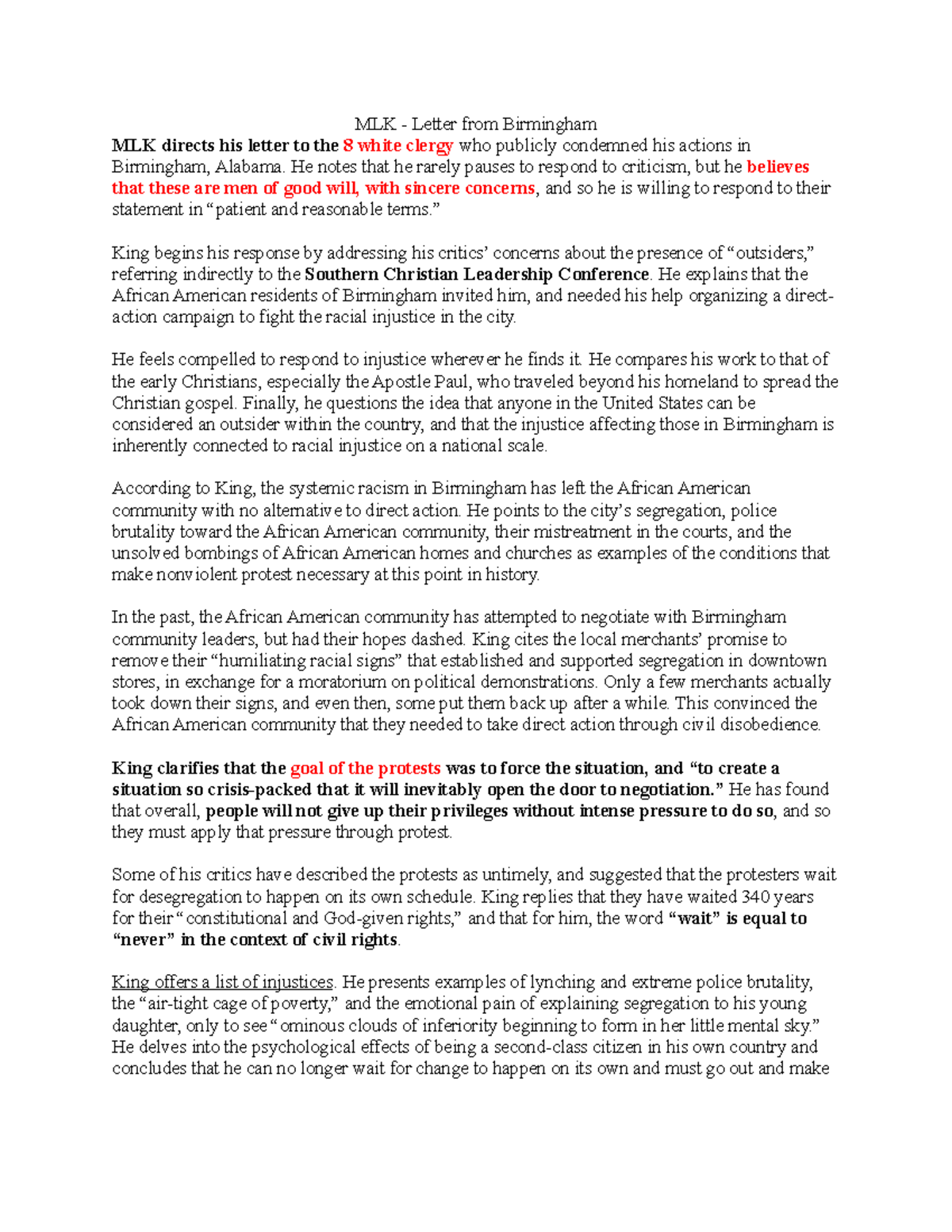 MLK - exam 2 - study guide notes - MLK - Letter from Birmingham MLK ...