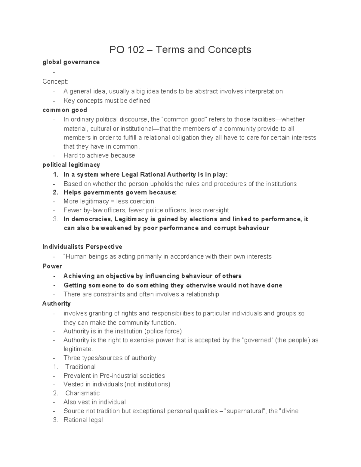 PO102 Quiz 1 Review - PO 102 – Terms and Concepts global governance ...