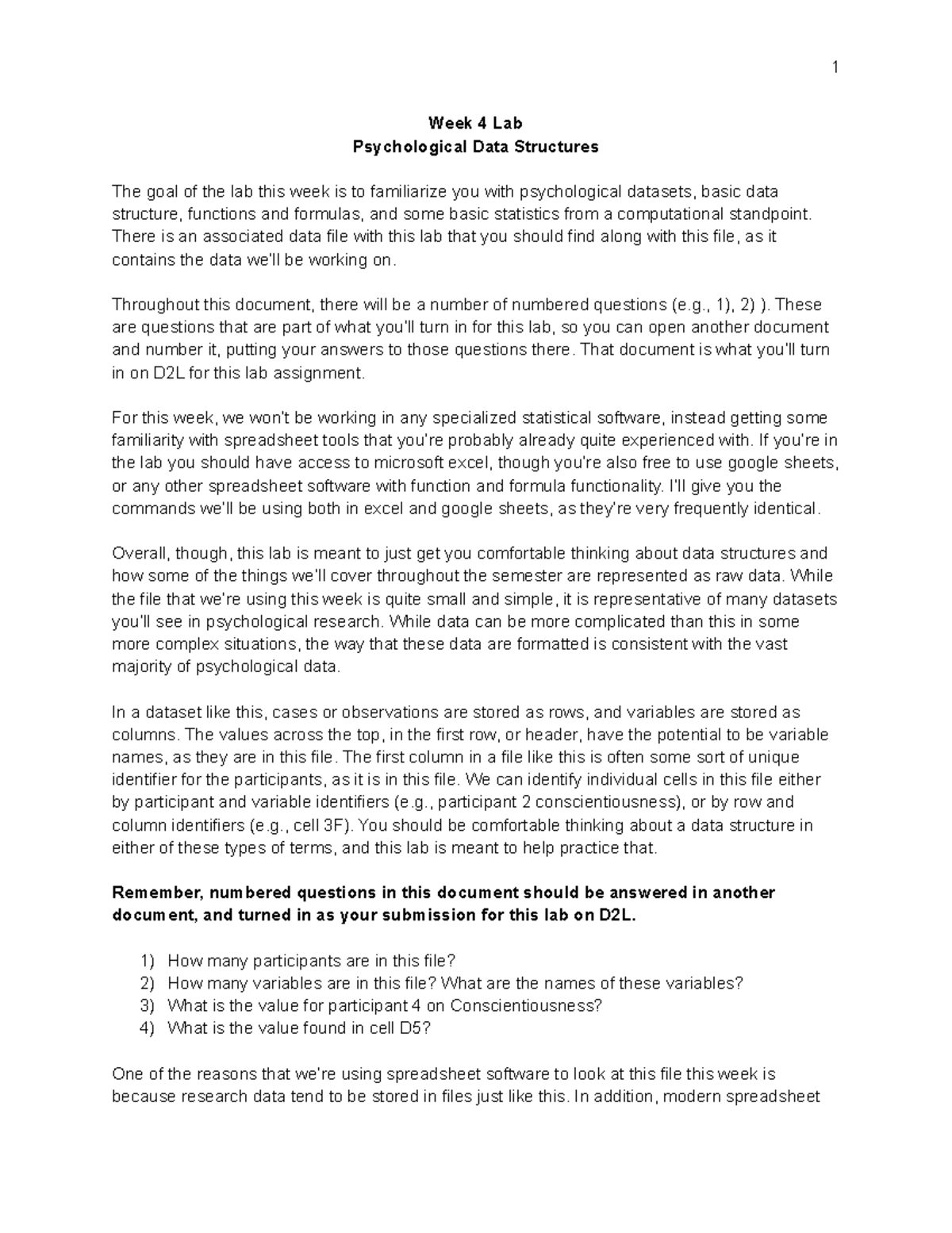 PSY 395 LAB Week 4 - 1 Week 4 Lab Psychological Data Structures The goal of the lab this week is ...