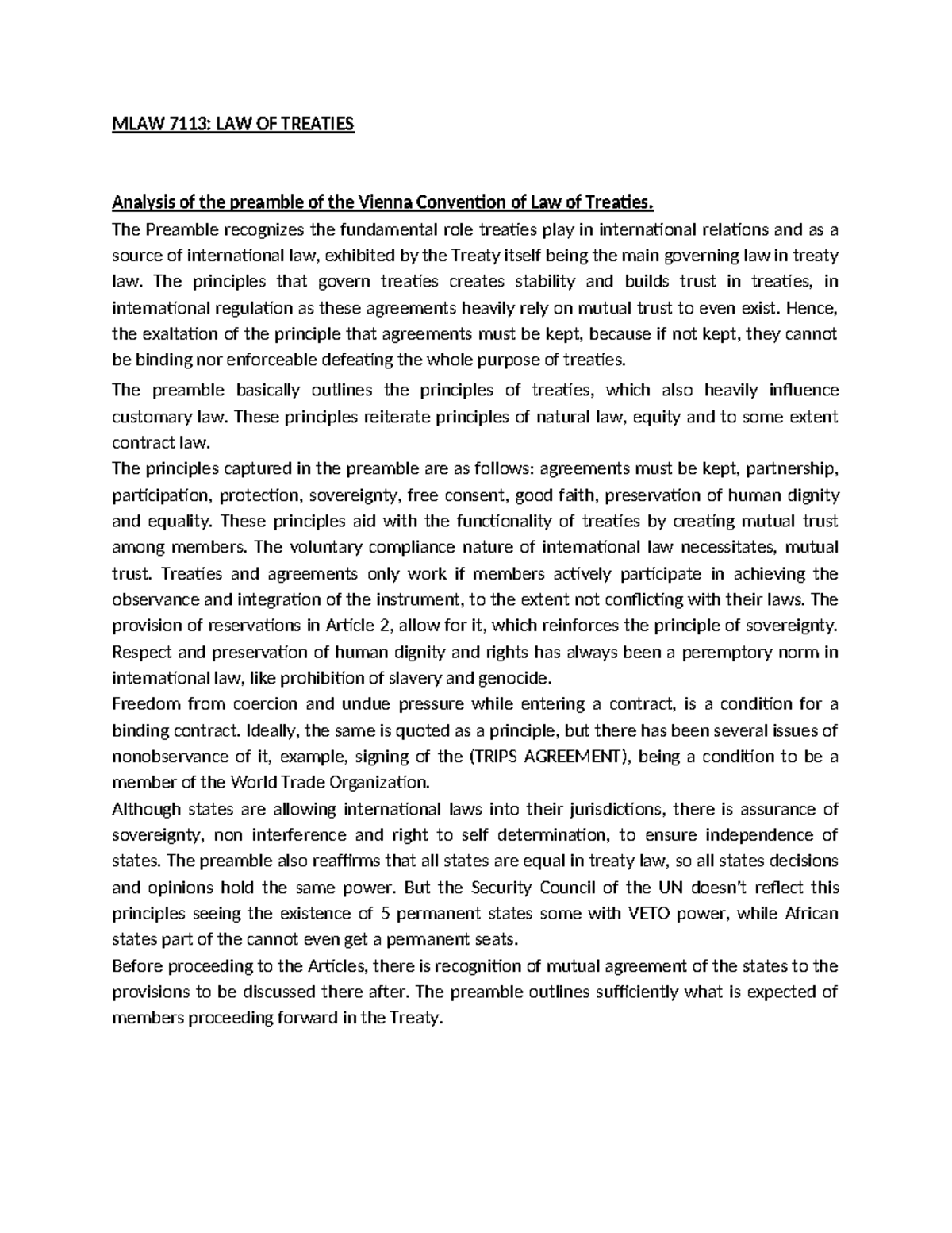 Analysis of the VCLT Preamble - MLAW 7113: LAW OF TREATIES Analysis of ...