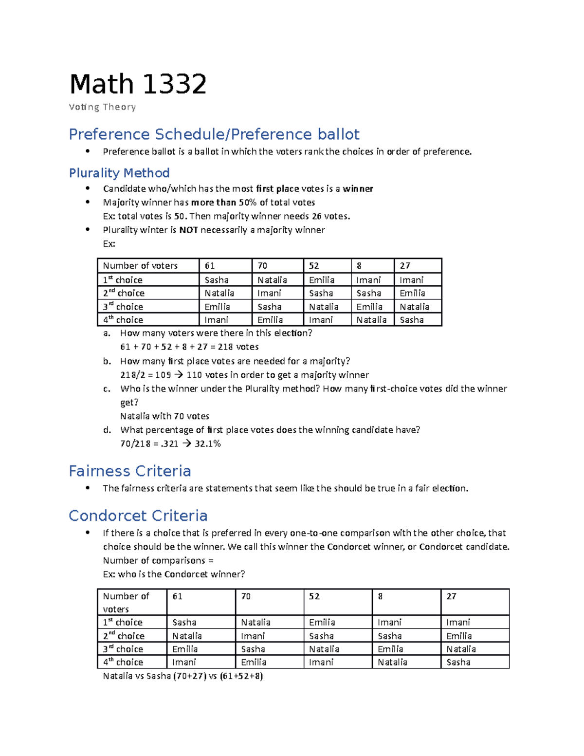 Voting Theory - Math 1332 Voting Theory Preference Schedule/Preference ...